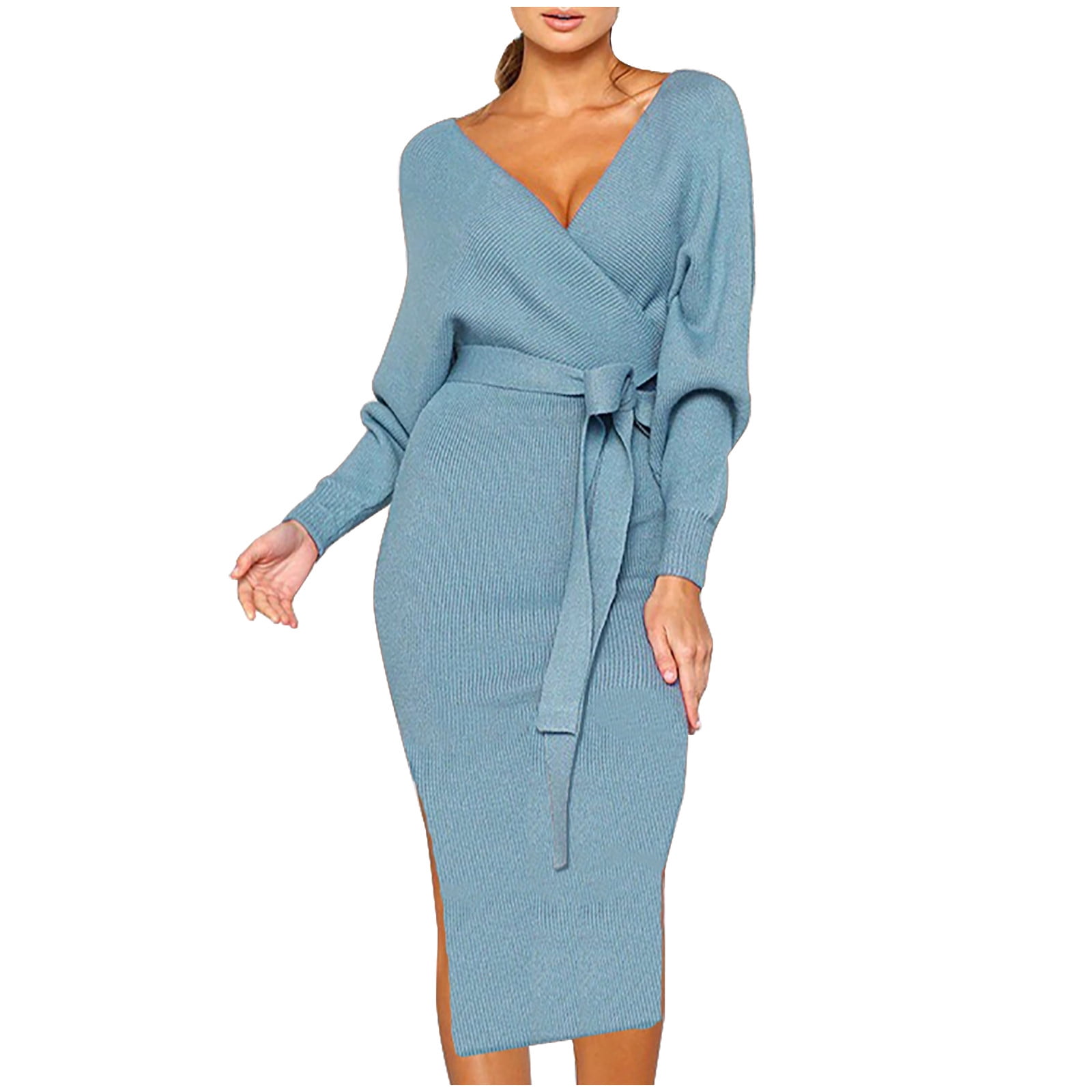 VSSSJ Womens V Neck Wrap Ribbed Knitted Dresses Fall Winter Solid Color ...