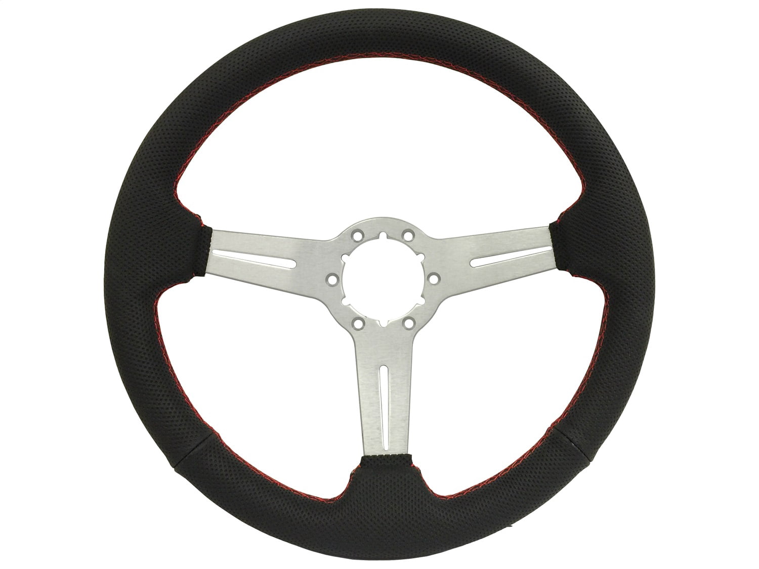 VSW 14 inch Black Leather Steering Wheel, Red Stitching, 6-Bolt Brushed ...