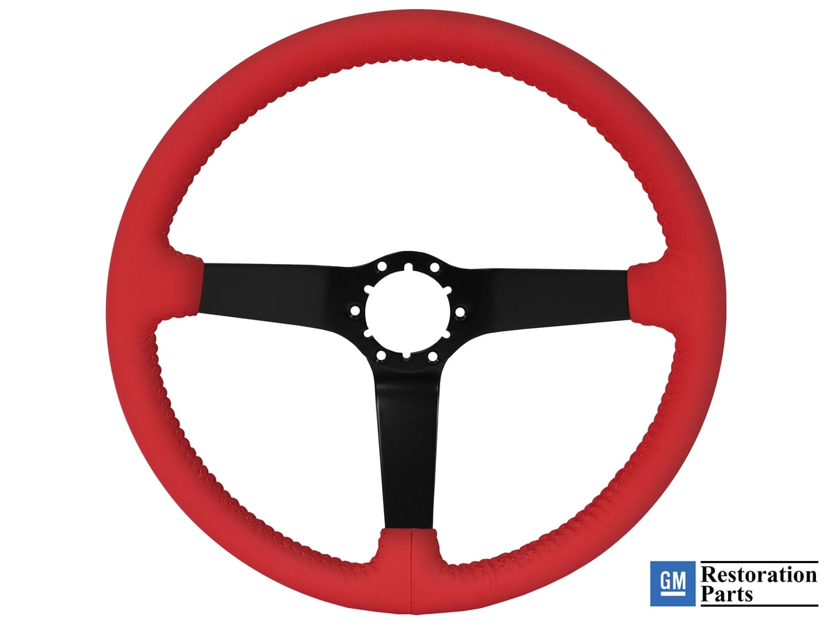 VSW 14 inch Red Leather Steering Wheel; 6 Bolt Black Powder Coated ...