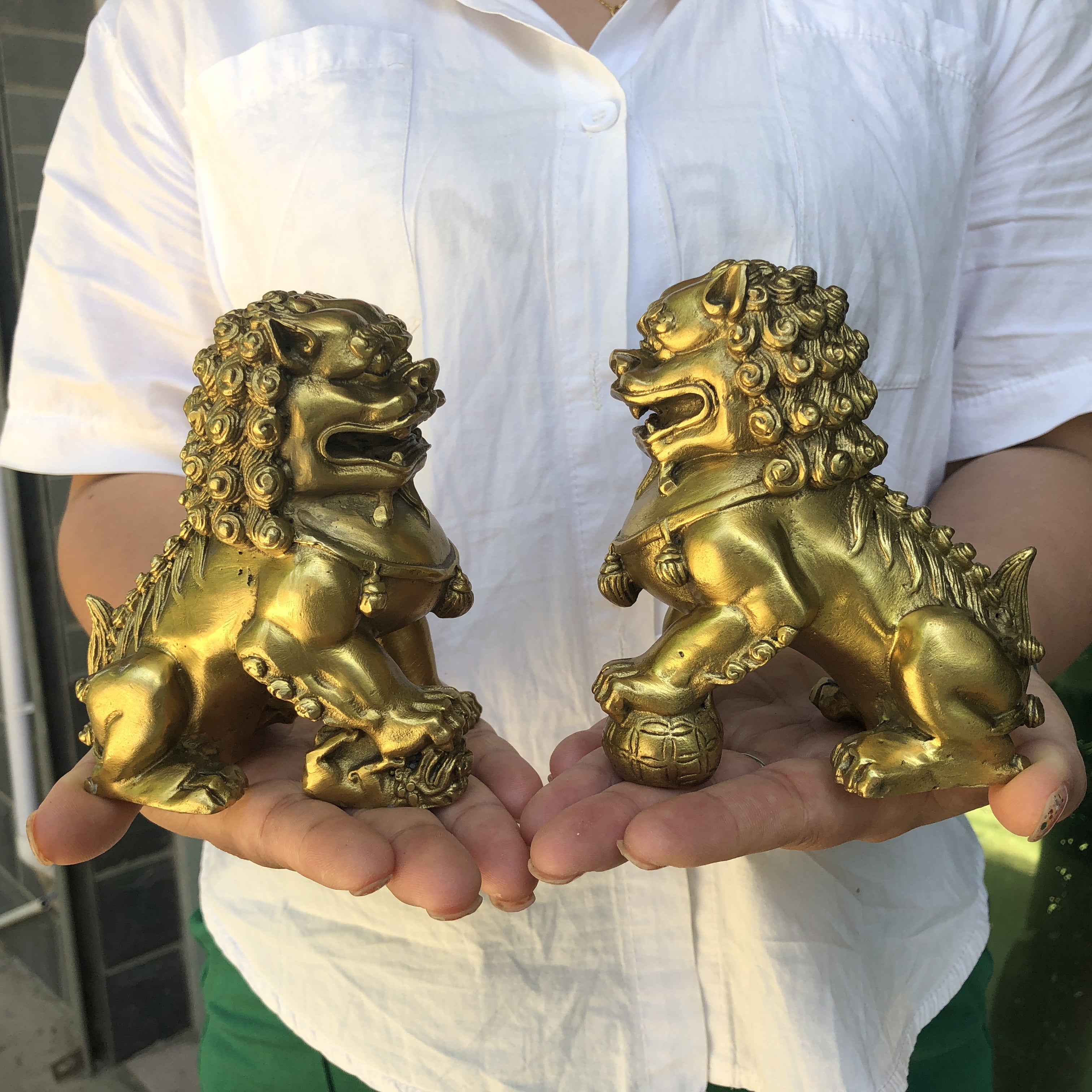 VTG Brass Evil Fu Foo Dog Lion Statue Pair Signed, Old Antiques Chinese ...