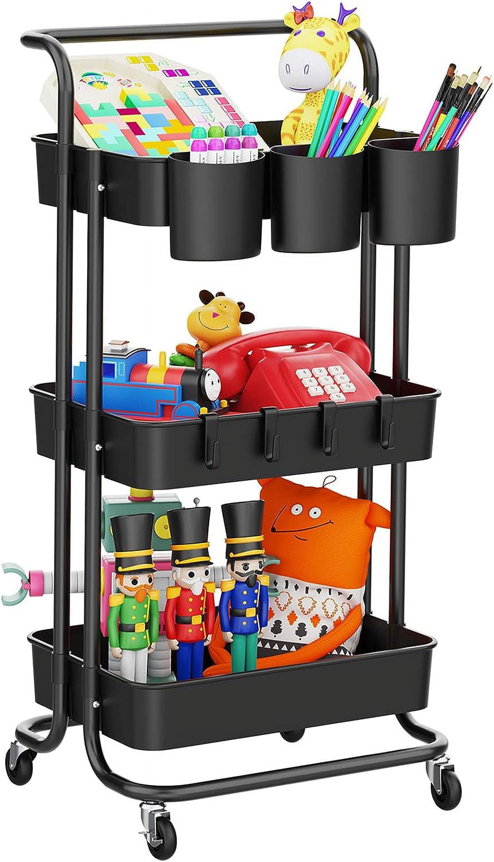 VTUBUON 3-Tier Rolling Mobile Utility Cart with Hanging Cups & Hooks ...