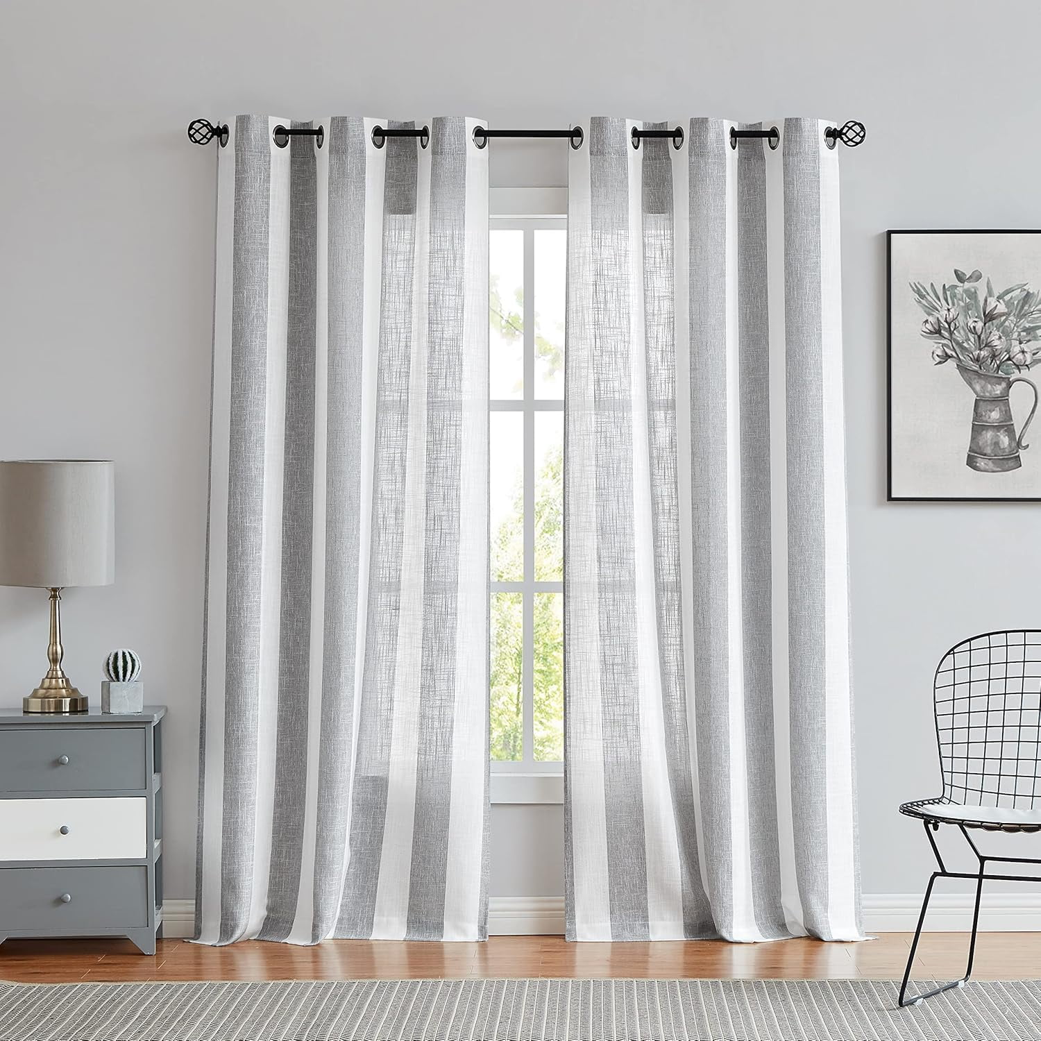 VTUBUON Gray Stripe Farmhouse Curtains Semi-Sheer Rayon Blend Heavy ...