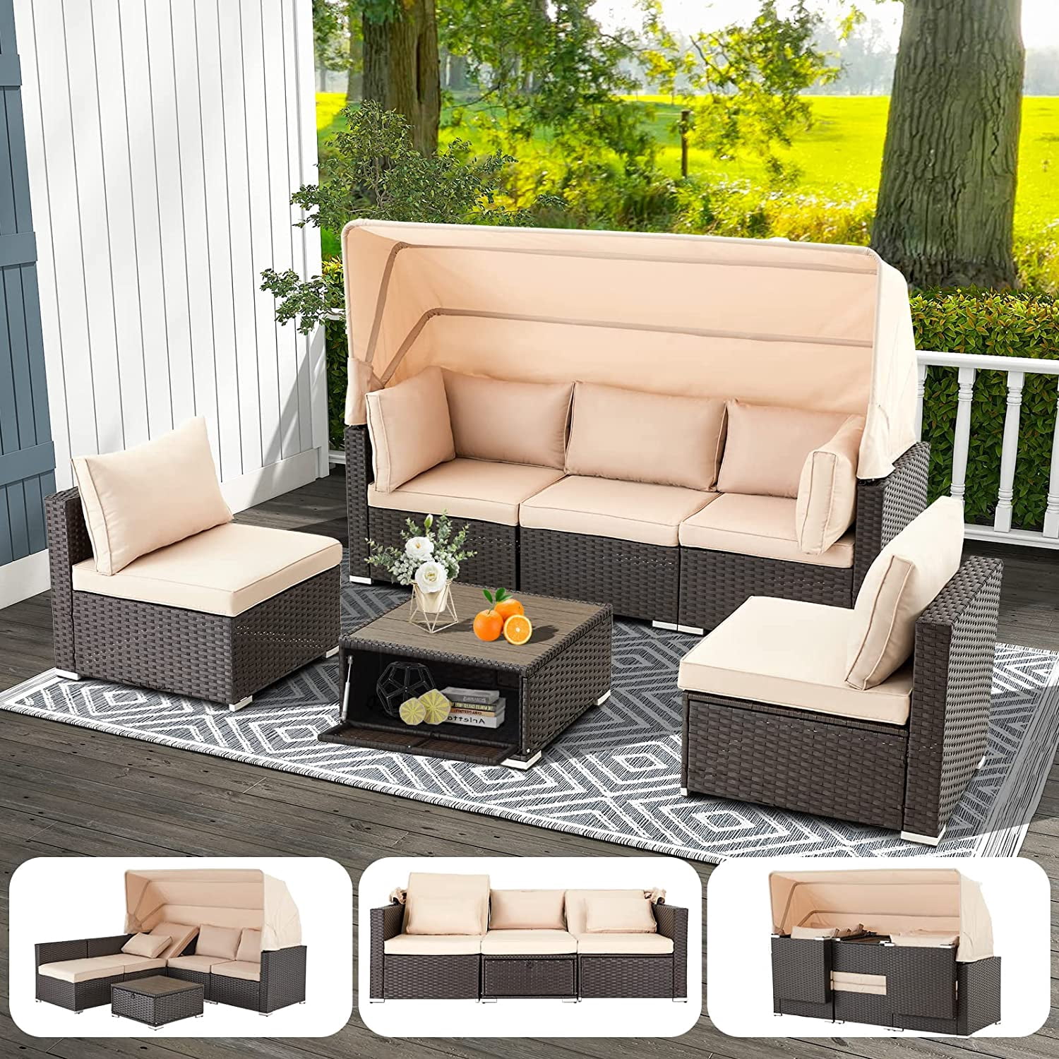 VTUIVBH 6 Pieces Patio Furniture Sets Rattan Outdoor Daybed with ...