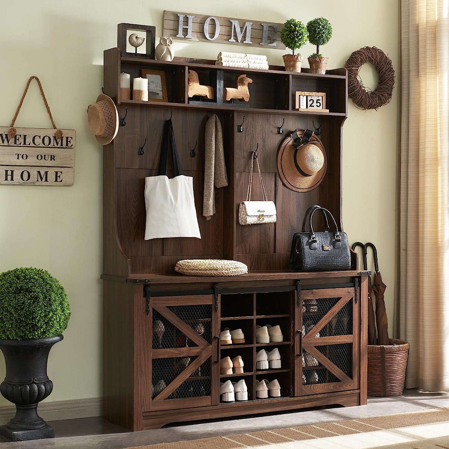 VTUIVBH Farmhouse Entryway Bench with Coat Rack 20 Shoe Cubbies & 12 ...
