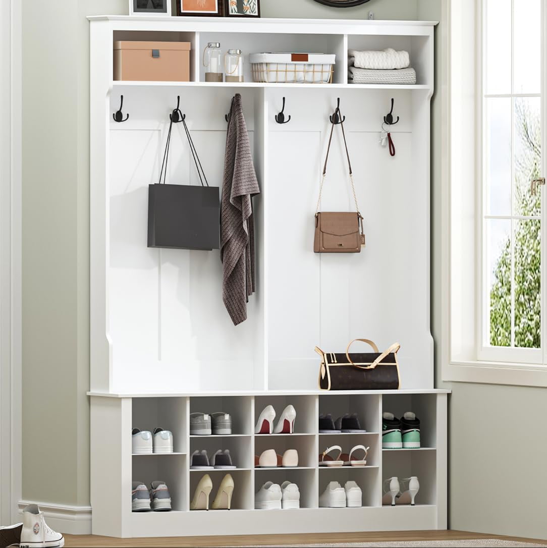 VTUIVBH Hall Tree with Bench and Shoe Storage 5-in-1 White Hall Tree ...