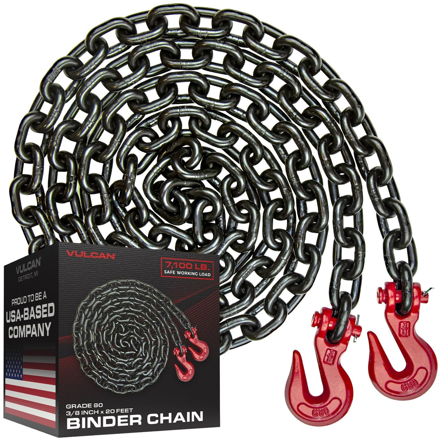 VULCAN Binder Chain Tie Down - Grab Hooks - G80 - 3/8 inch x 20 foot ...