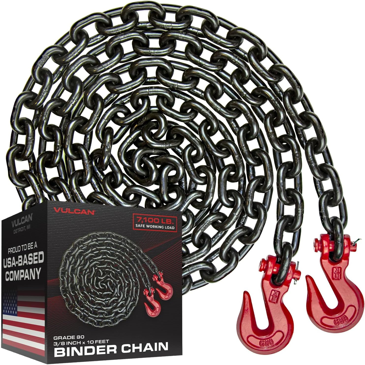 VULCAN Binder/Safety Chain with Clevis Grab Hooks - Grade 80-3/8 Inch x ...