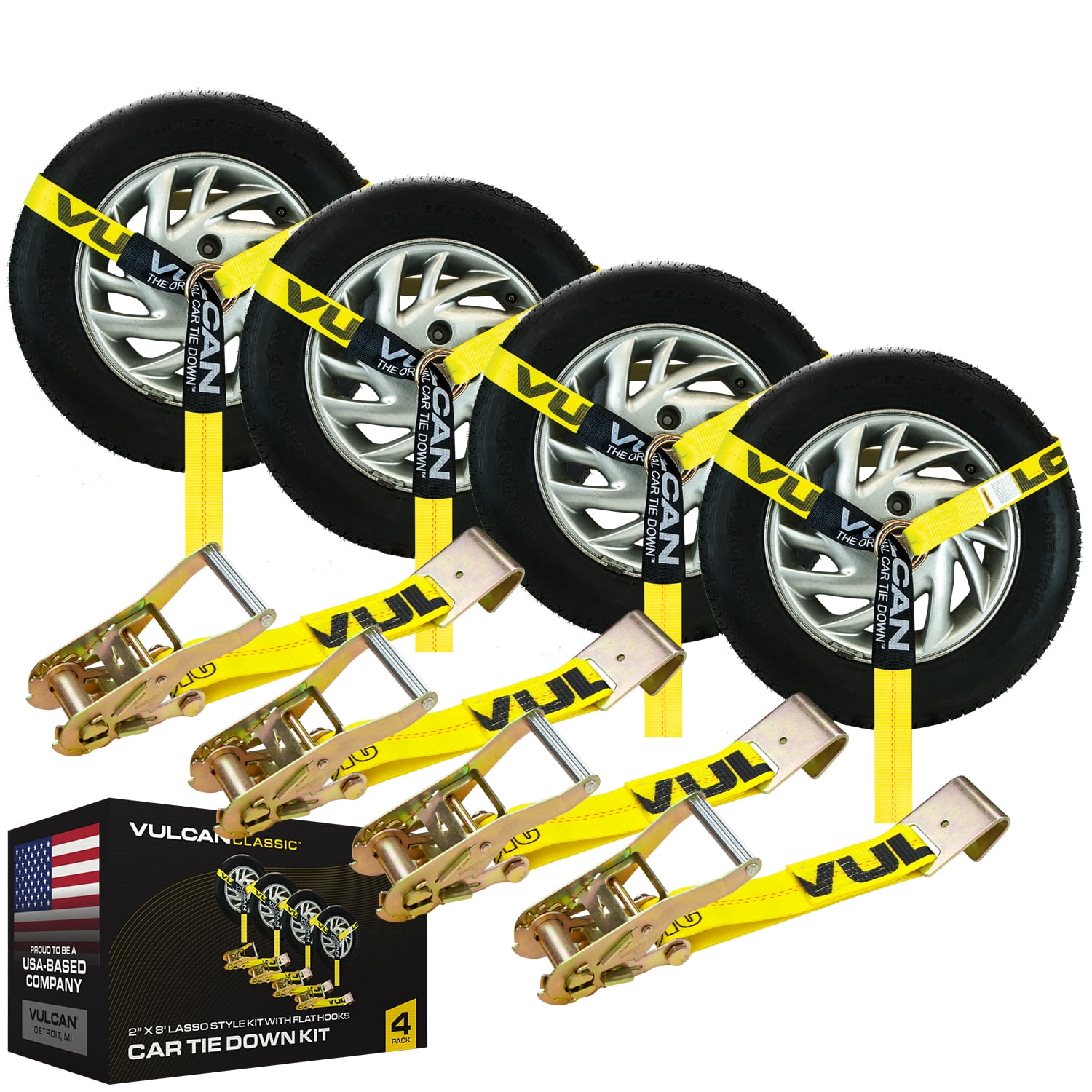 VULCAN Heavy Duty Car Tie Down - Flat Hooks/Lasso - 2x96 inch, 4Pk ...