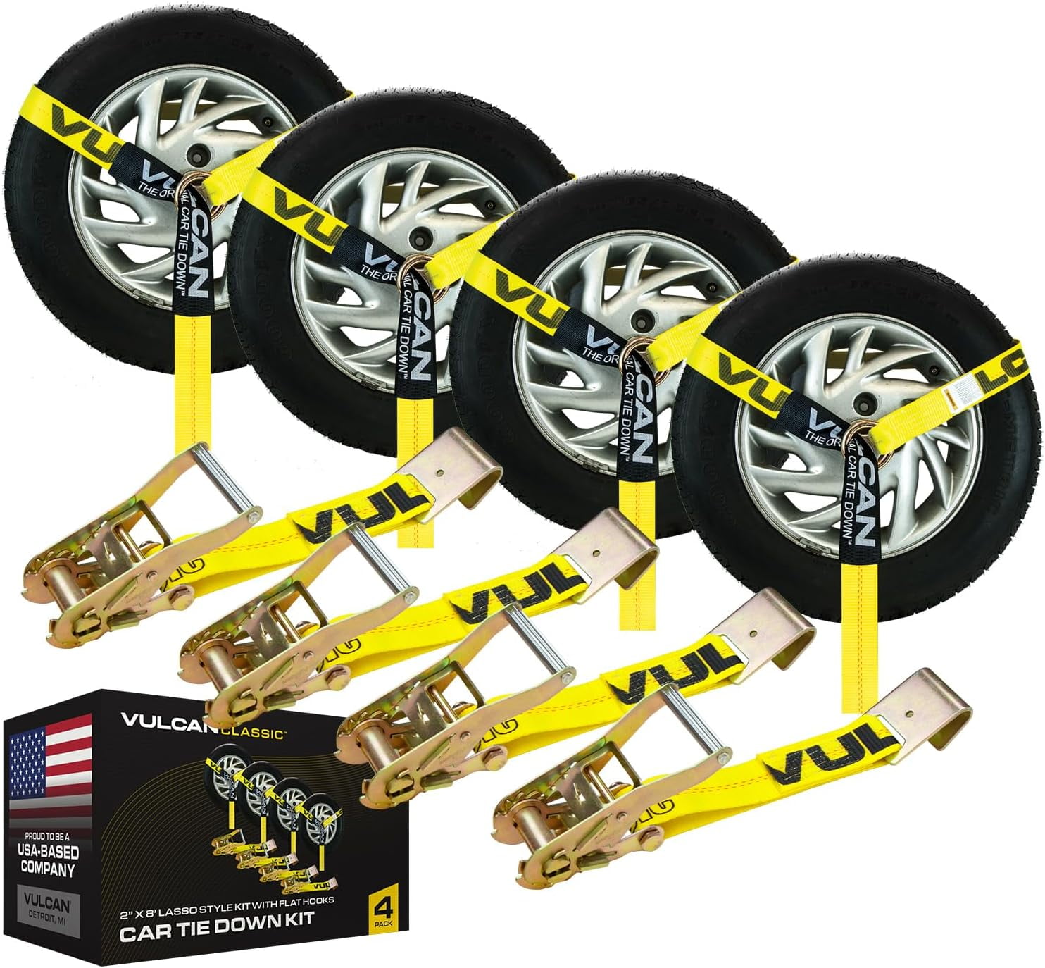 VULCAN Car Tie Down with Flat Hooks - Lasso Style - 2 Inch x 96 Inch ...