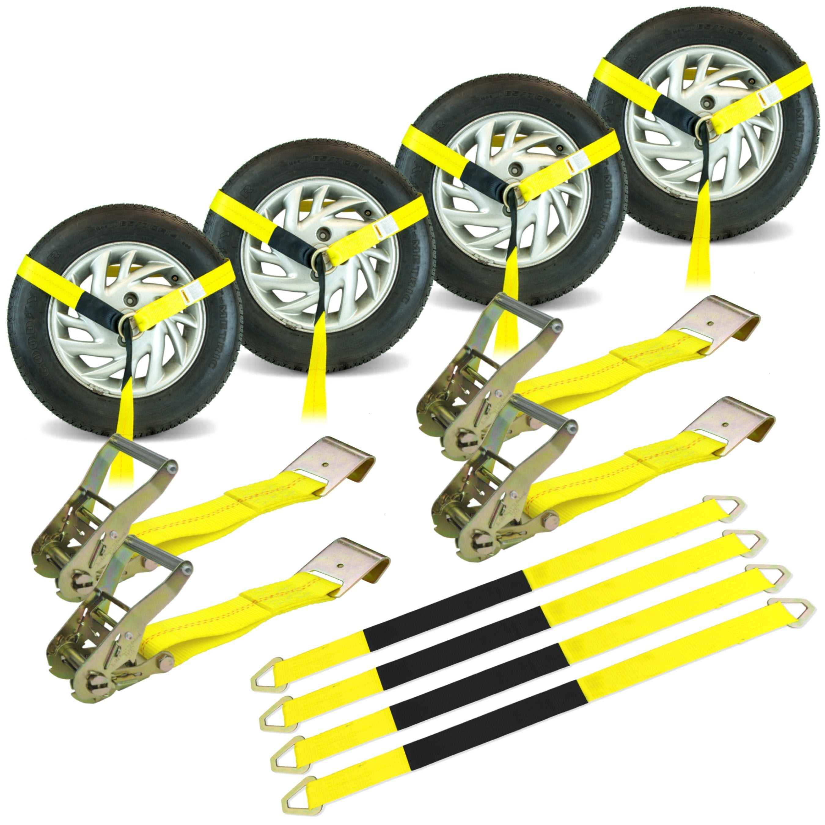 VULCAN Economy Car Tie Down Kit, 4 Lasso Straps, 4 Flat Hook Ratchets ...