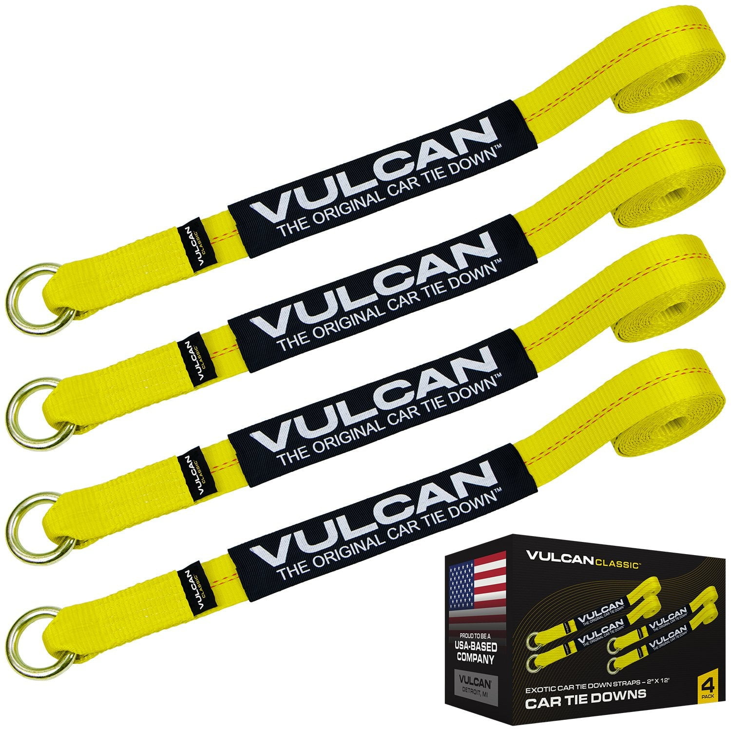 VULCAN Loop Car Tie Down Straps - 2 inch x 12 foot - Yellow - (4) 2 ...
