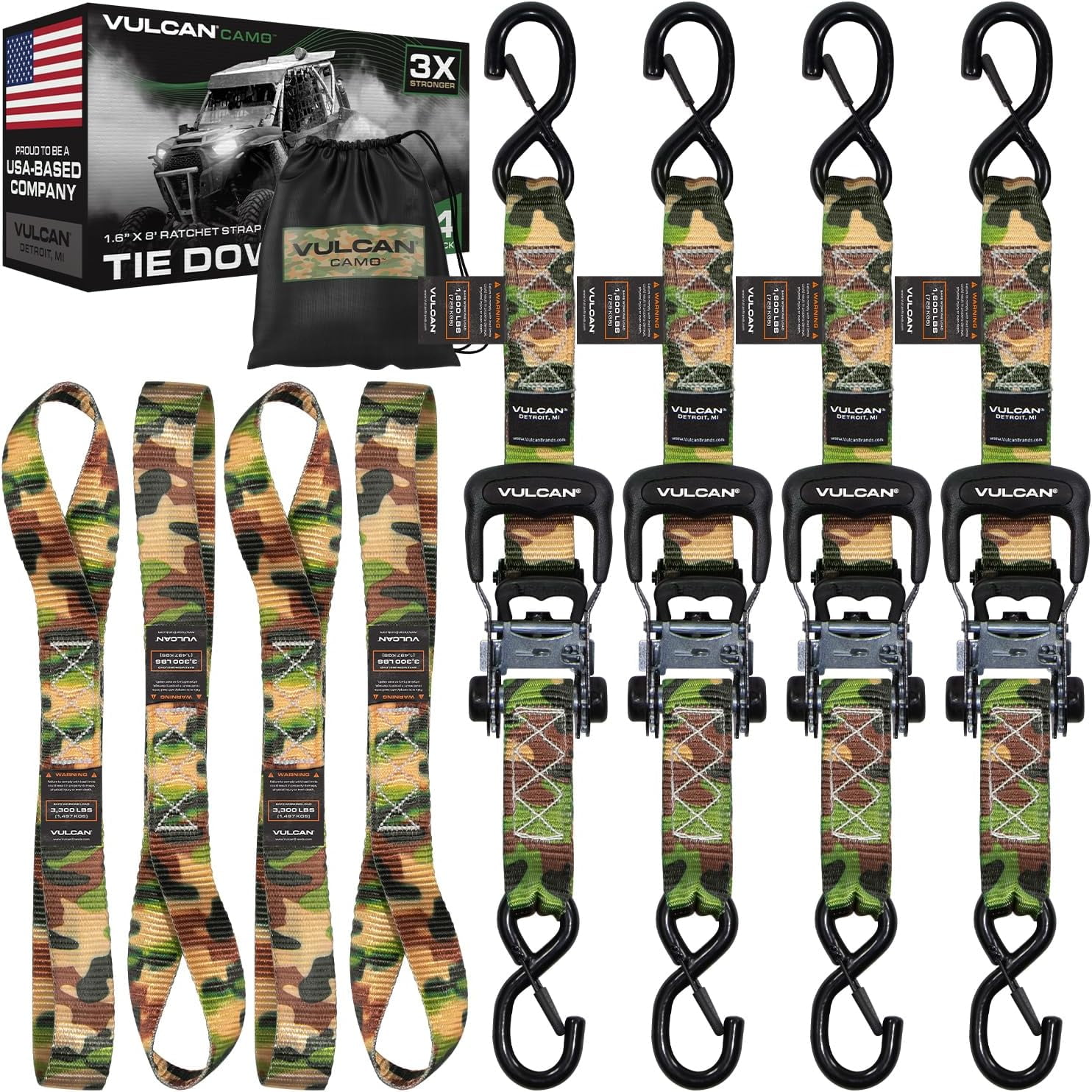 VULCAN Ratchet Strap Tie Down Kit - 1.6" x 8' - 3X Stronger Than 1" Tie Downs - Camouflage - (4 ...