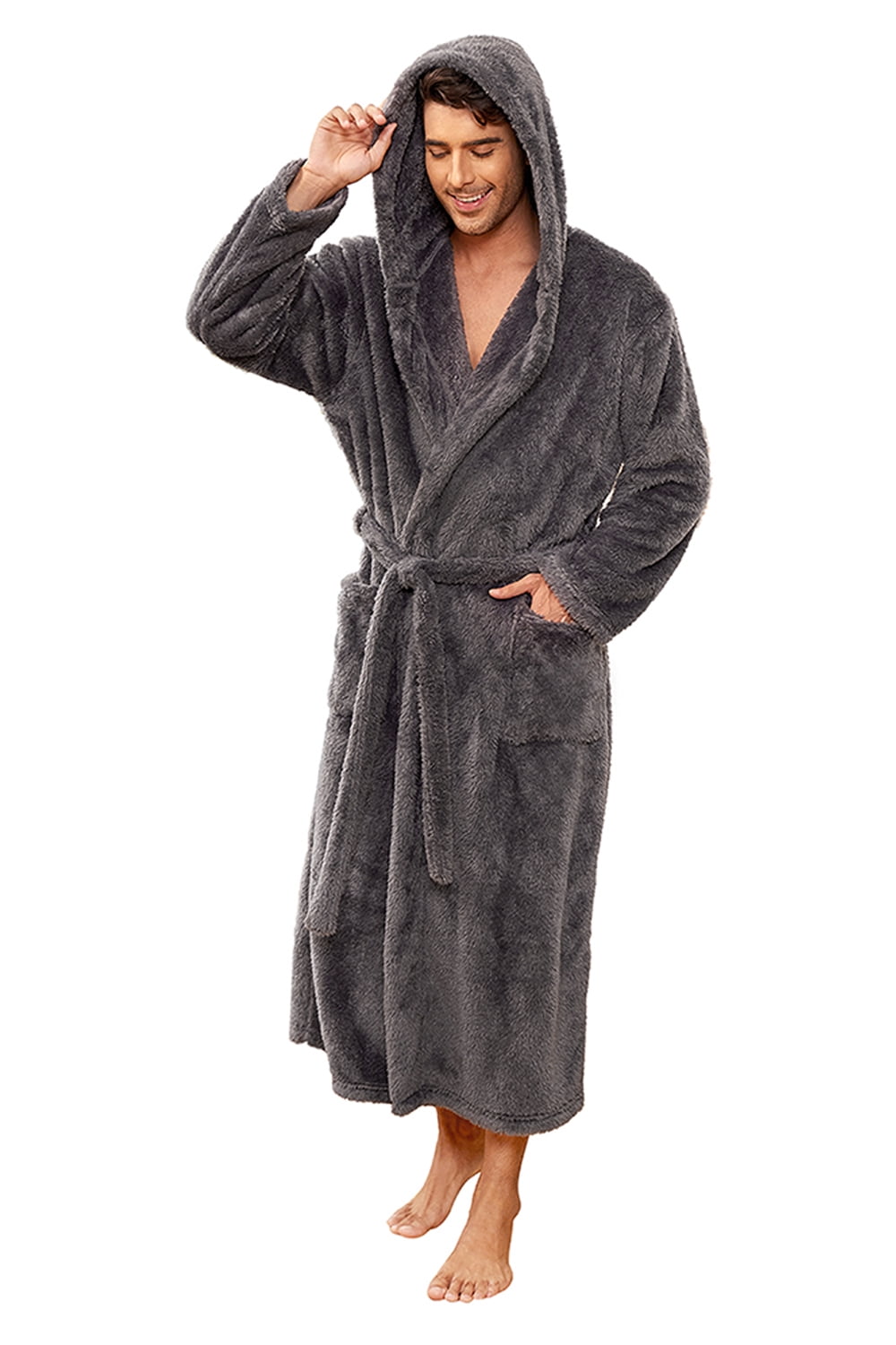 VULCANODON Men's Plus Size Thick Winter Hooded Plush Robe, Full Length ...