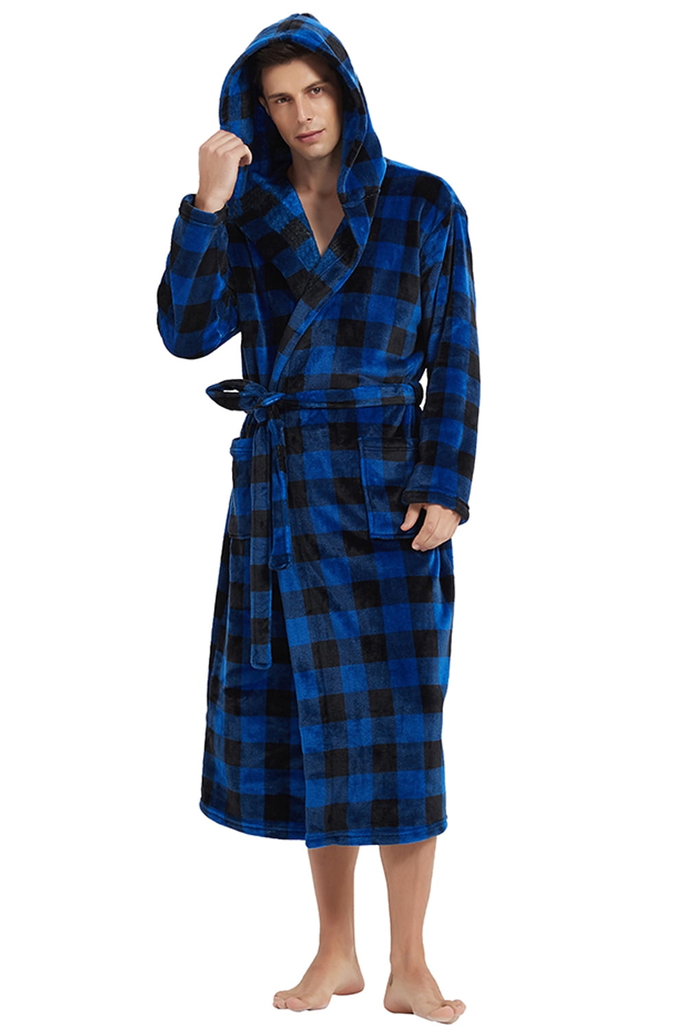 VULCANODON Men's Winter Soft Fleece Bathrobe with Hood, Buffalo Plaid ...