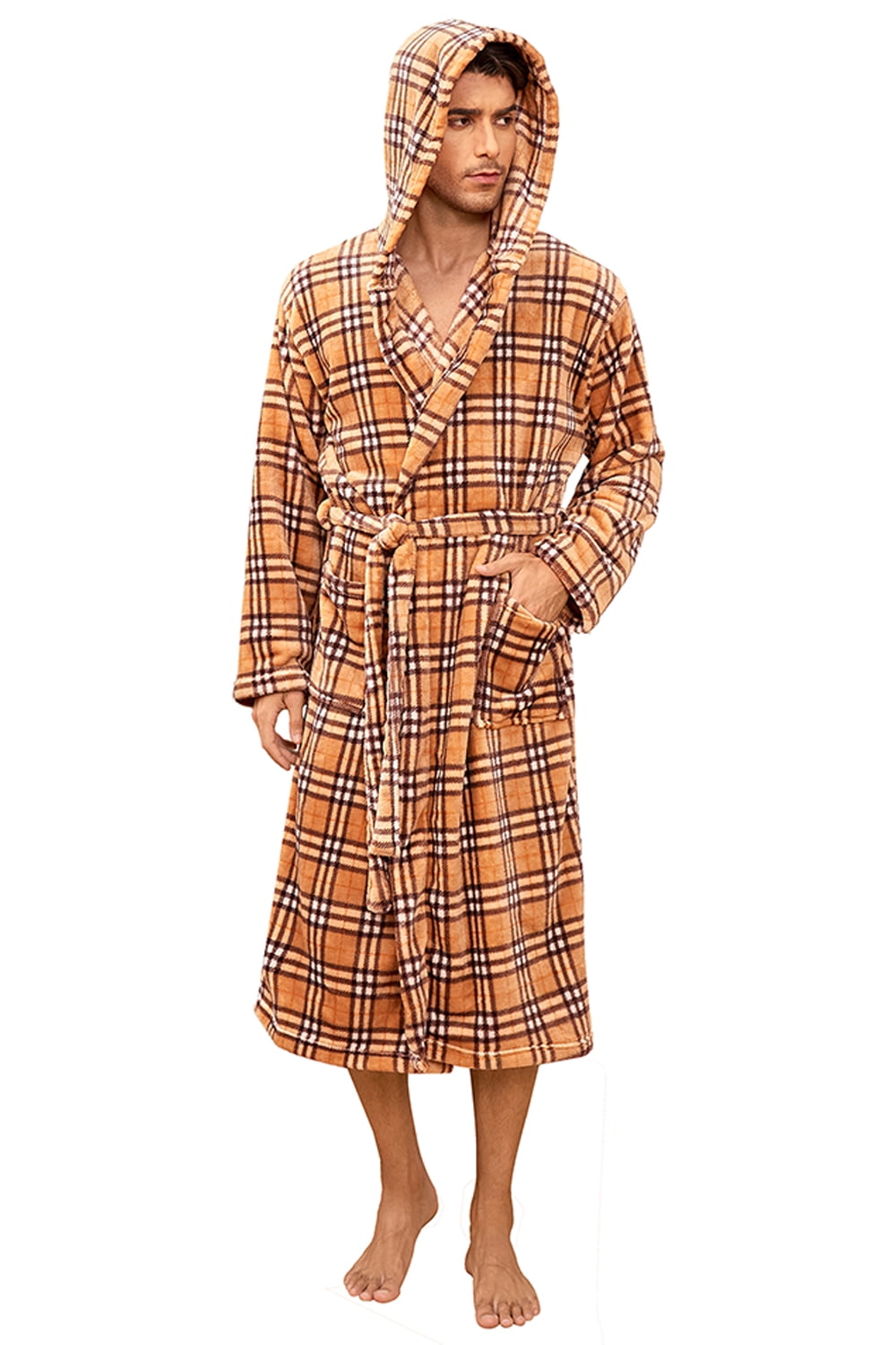 VULCANODON Men's XXL Hooded Fleece Bathrobe, Plush Robe in Khaki ...