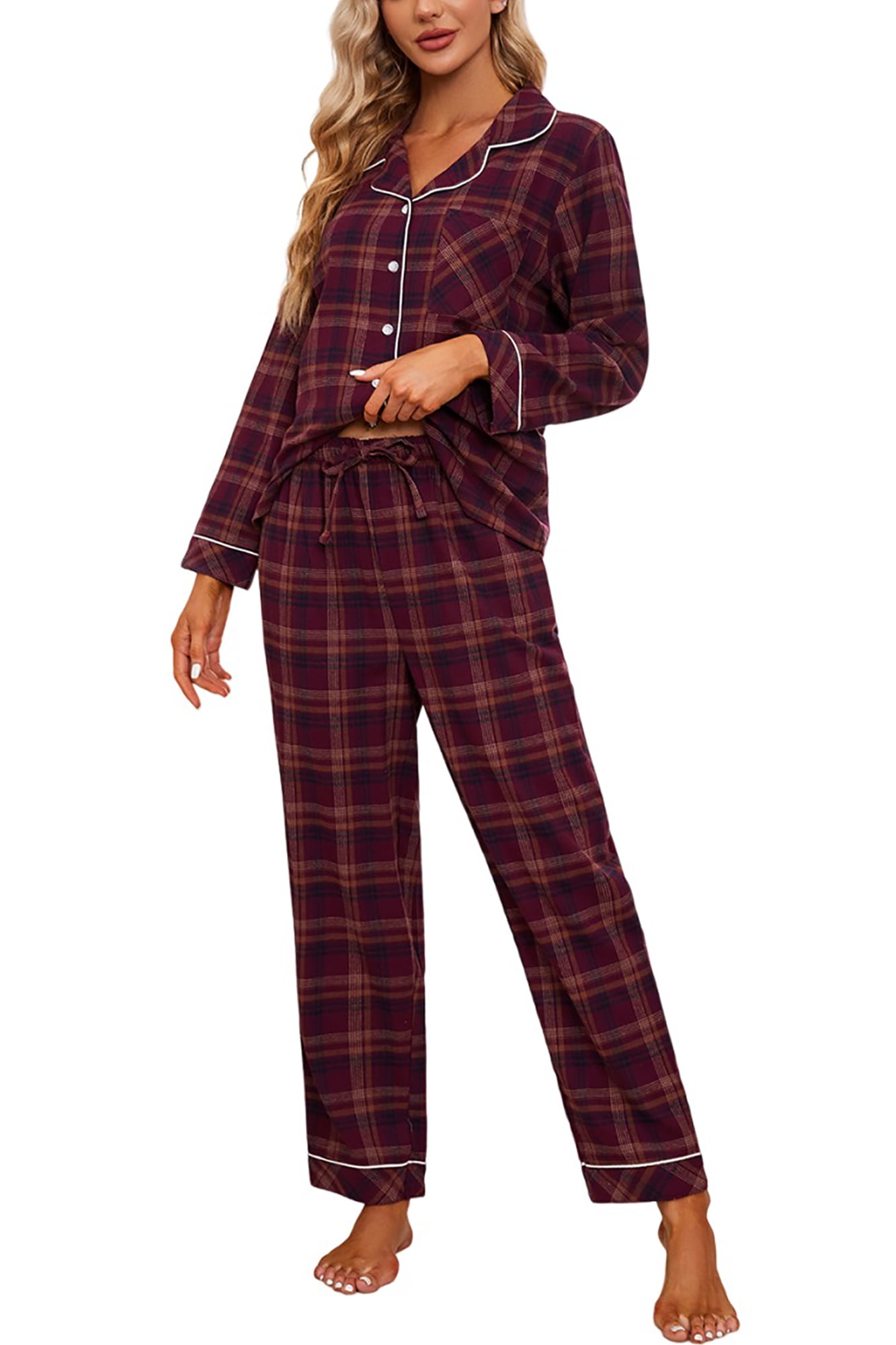 VULCANODON Women Pajama Set, 100% Cotton Button Down Plaid Flannel ...