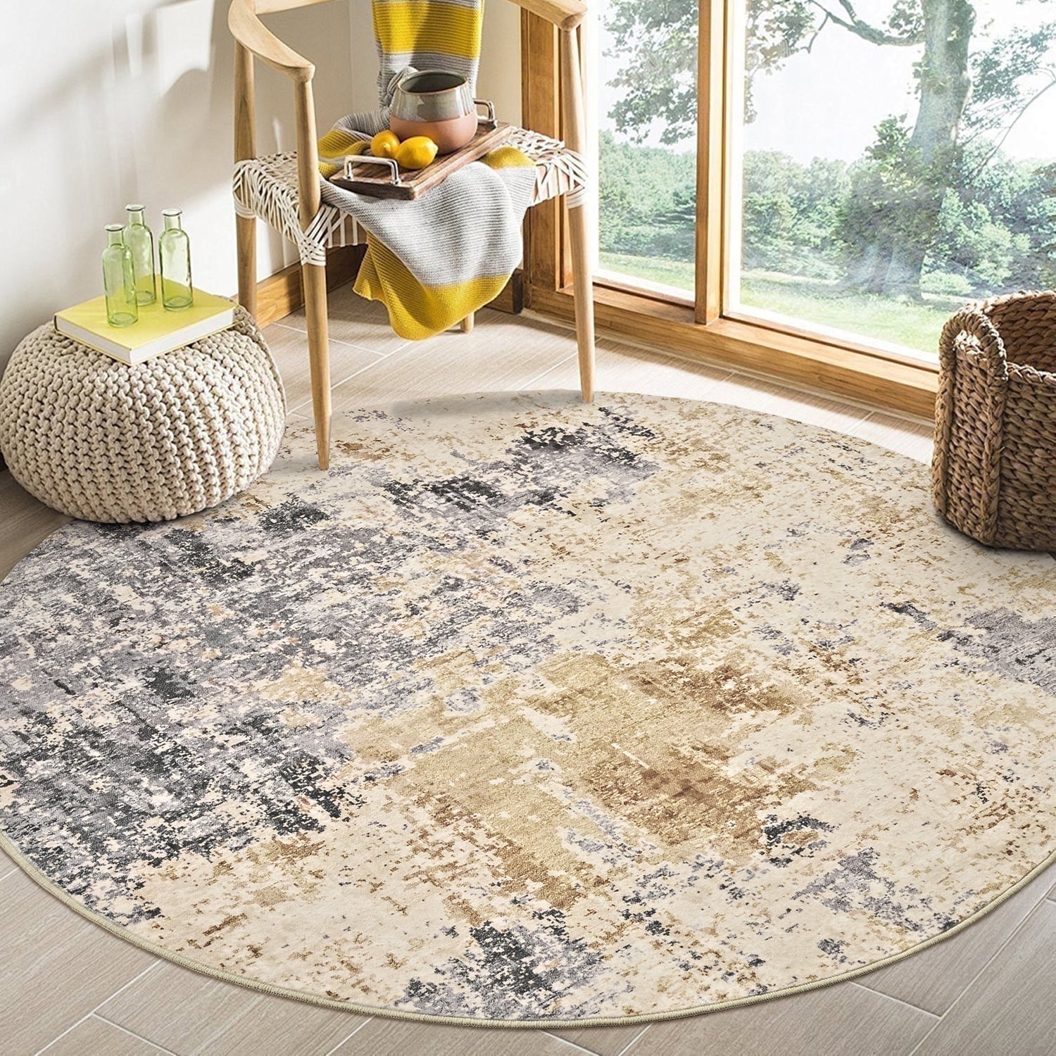 VUNATE 4'x4' Round Washable Rug, Modern Neutral Abstract Gold Area Rug ...