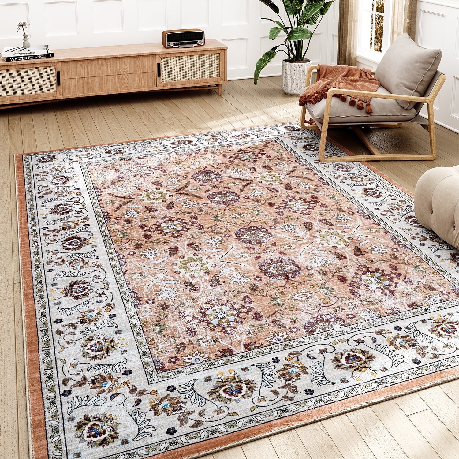 5'x7' Vintage Floral Area Rug, Washable, Non Slip, Dusty Orange for ...