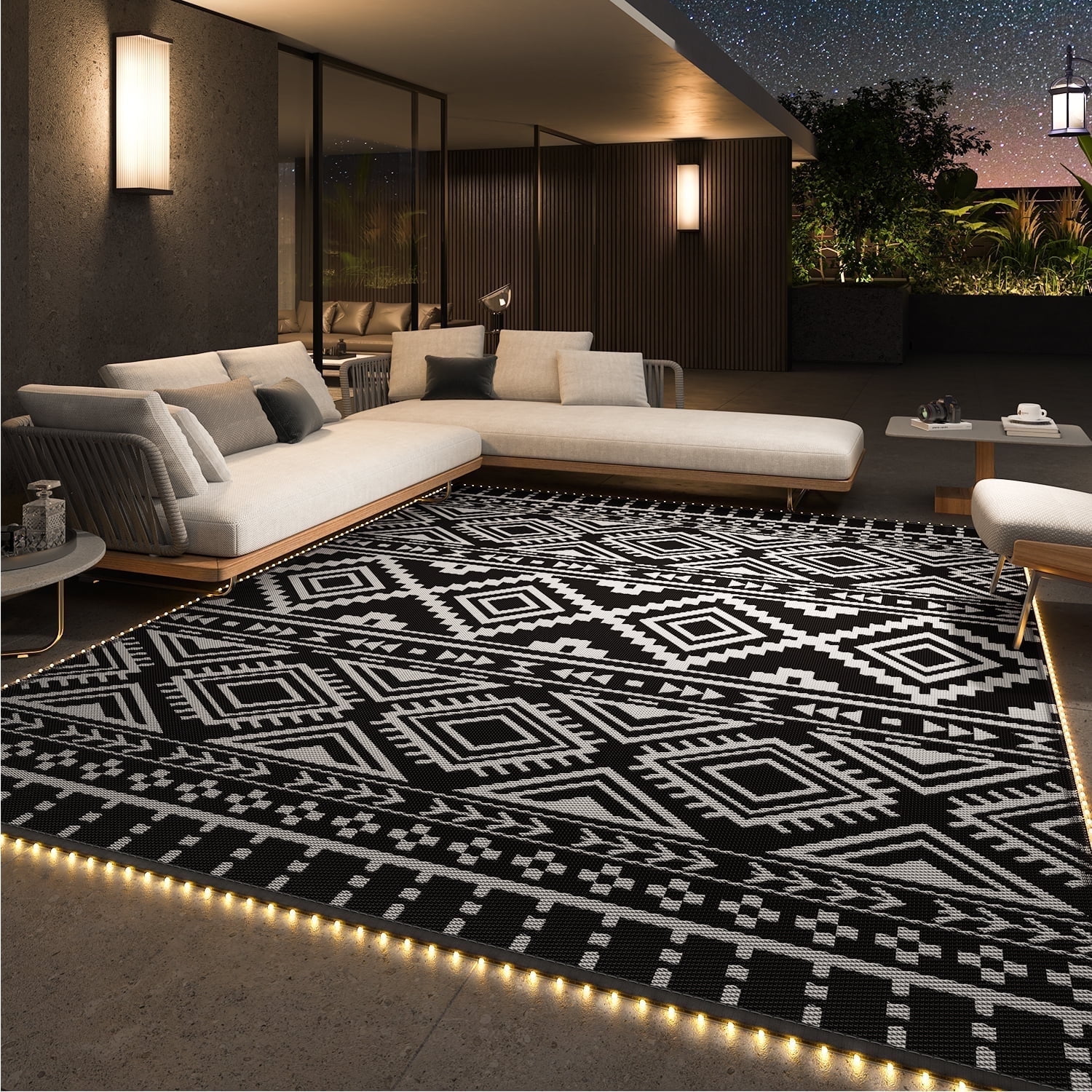 VUNATE Outdoor Rug with LED Strip Lights 8'x10' Waterproof Reversible ...