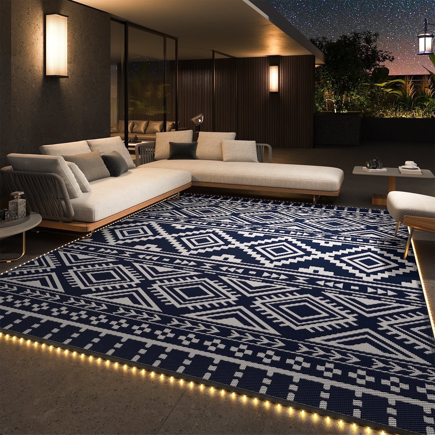 VUNATE Outdoor Rug with LED Strip Lights 8'x10' Waterproof Reversible ...