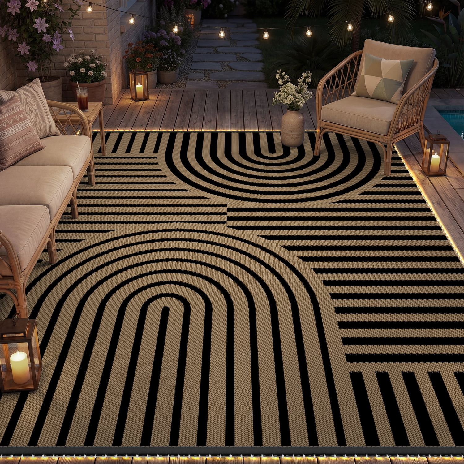 VUNATE Outdoor Rug with LED Strip Lights 8'x10' Waterproof Reversible ...