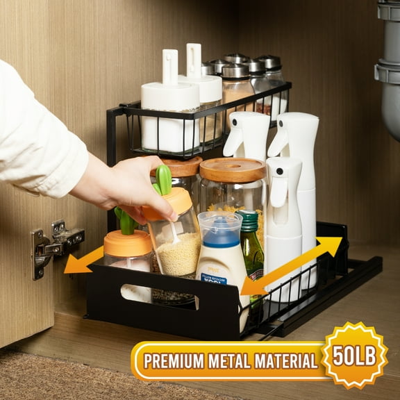 2 Pack Large Under Sink Organizer 2 Tier Metal Pull Out Under Sink ...