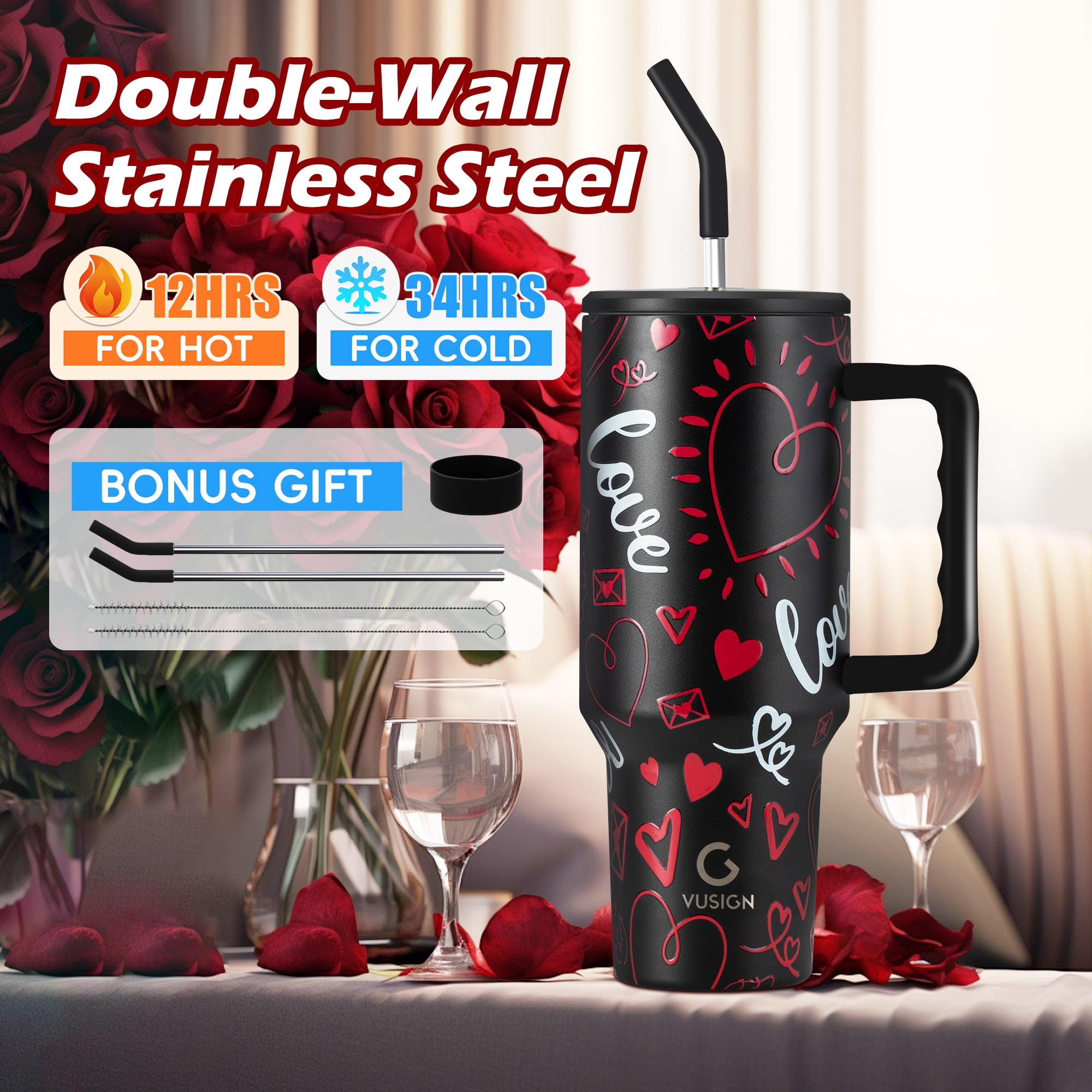 VUSIGN 40oz Tumbler with Handle, Dual Straw Lid, Stainless Steel Double Wall Insulated ...