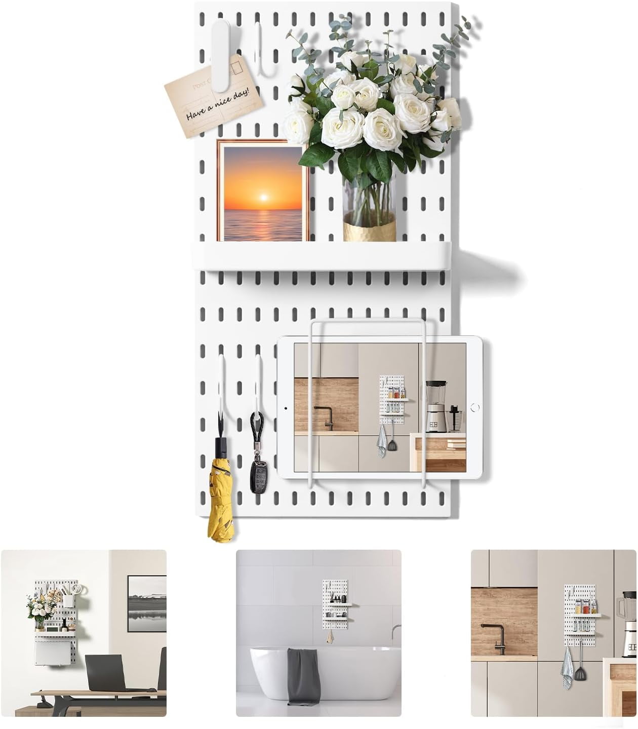 "VUSIGN 2-Piece Pegboard Wall Organizer Kit 11"" x 22"", White with 10 ...