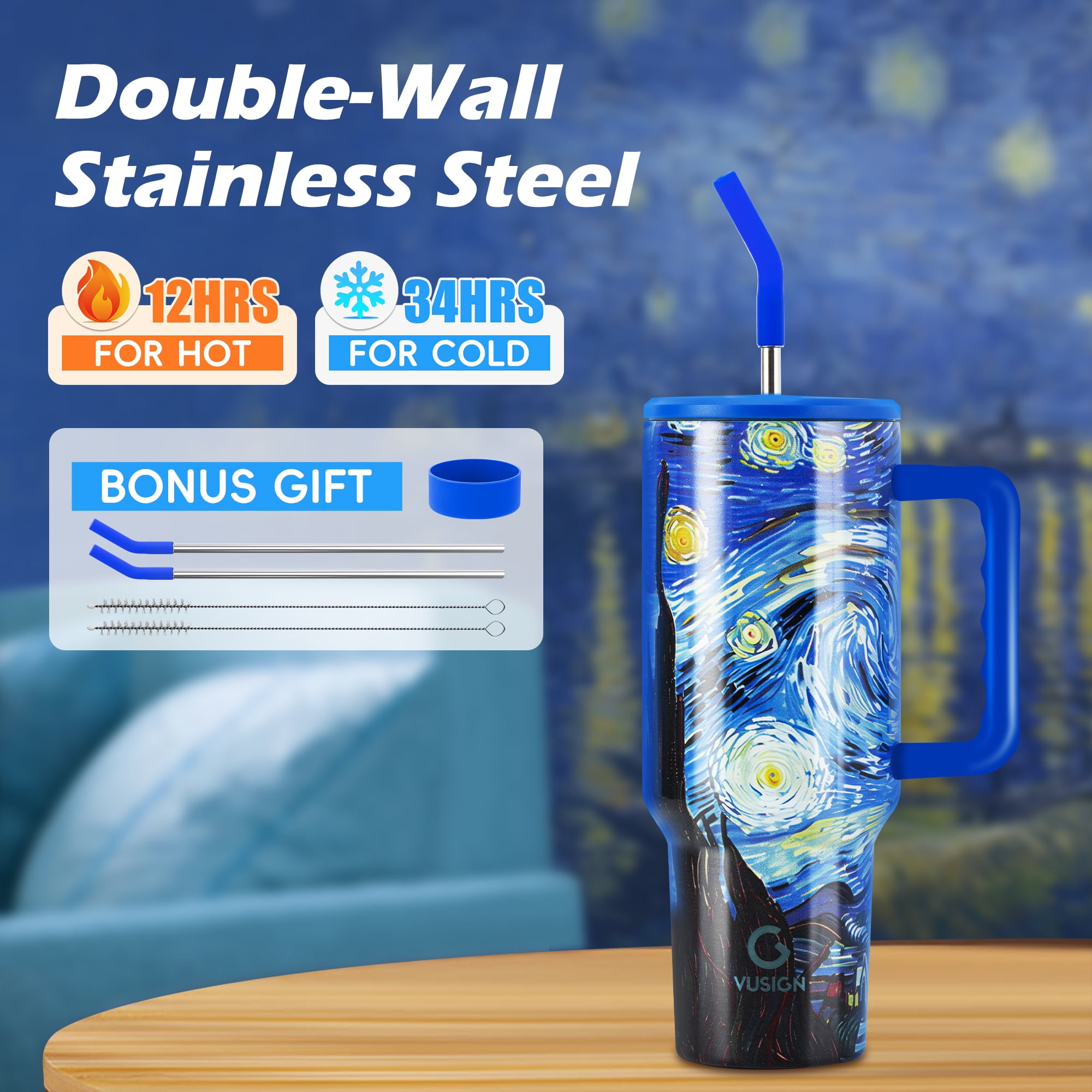 VUSIGN Stainless Steel Tumbler with Straw 40 fl oz,Starry Night - Walmart.com