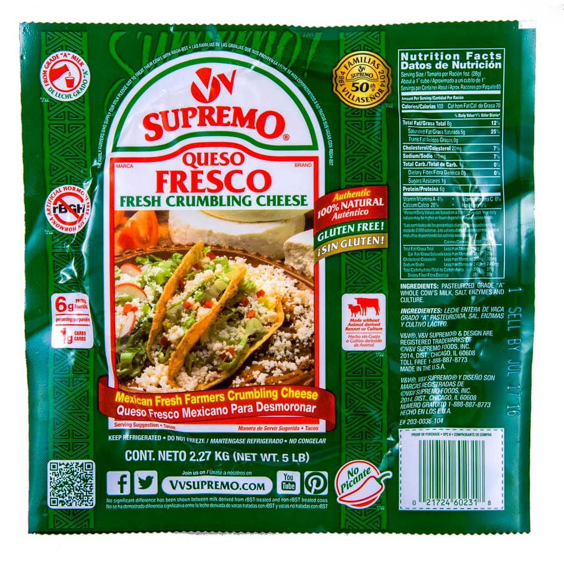 VV Supremo Queso Fresco Crumbling Cheese, 5 Pound -- 4 per case ...