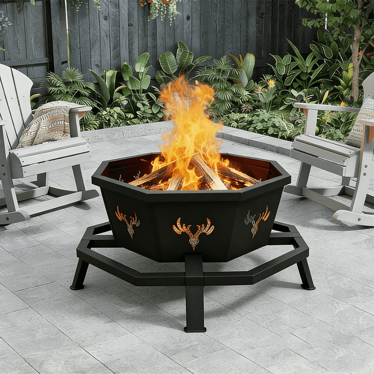 VVFLU 35 Inch Fire Pit with Fire Poker, Deer Design, Metal Wood Burning ...