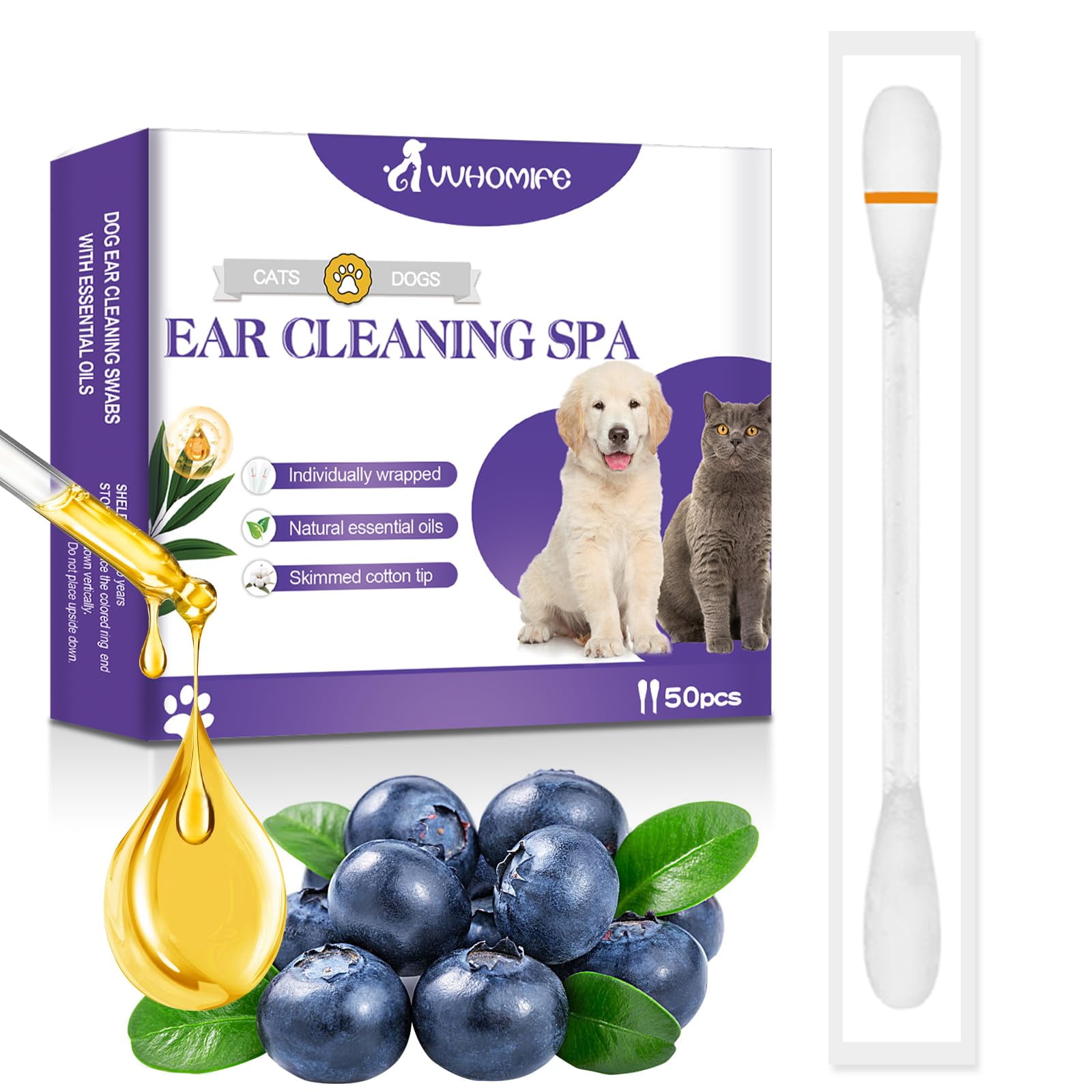 VVHOMIFE 2-in-1 Pet Ear Cleaning Swabs - Natural & Gentle Ear Cleaner ...