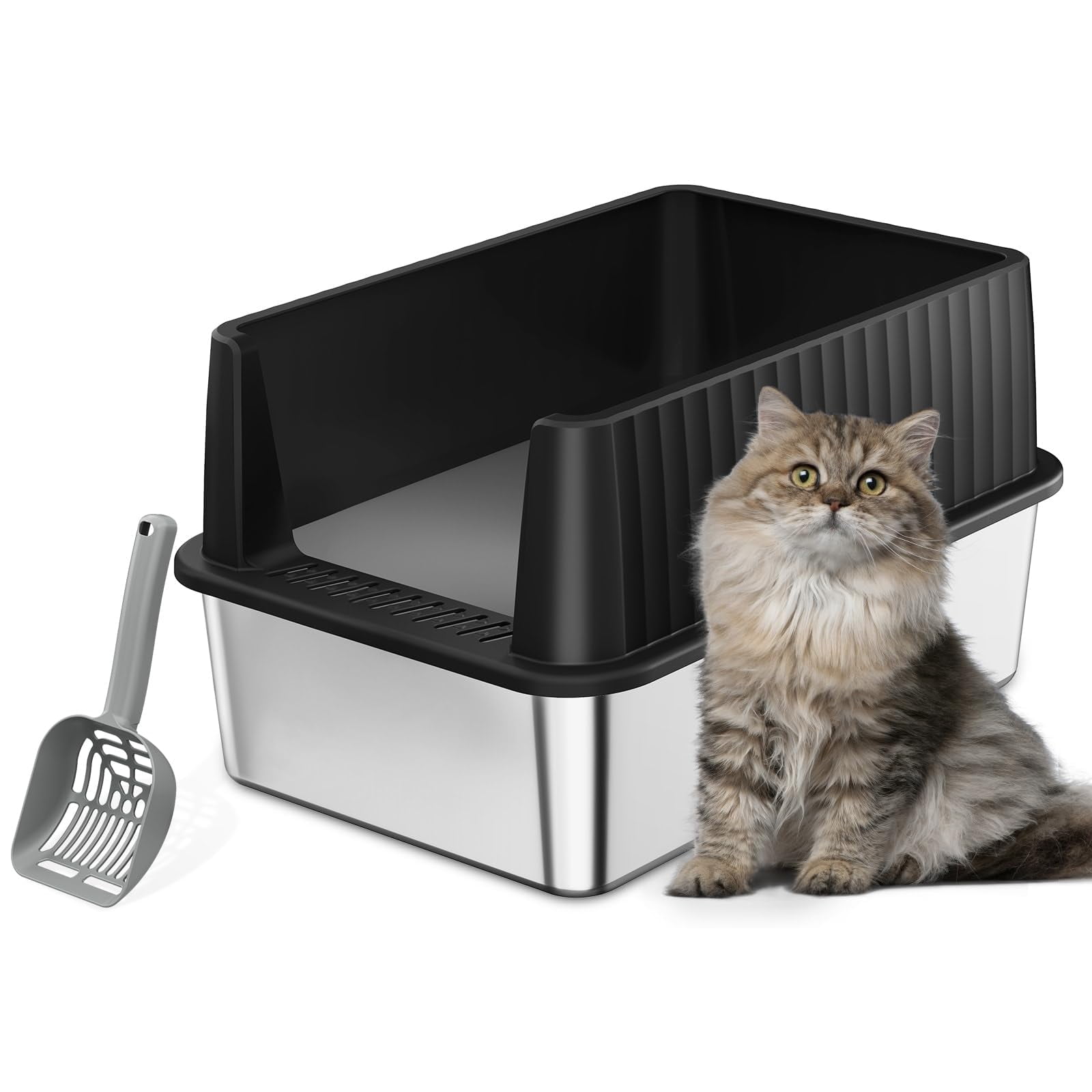 VVM Stainless Steel Cat Litter Box - Metal High Sided Cat Litter Pan ...