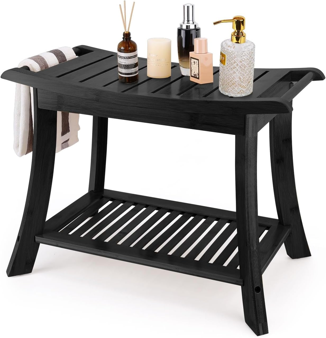 VVW Bamboo Shower Bench & Stool with Storage Shelf, Bath Benches for ...