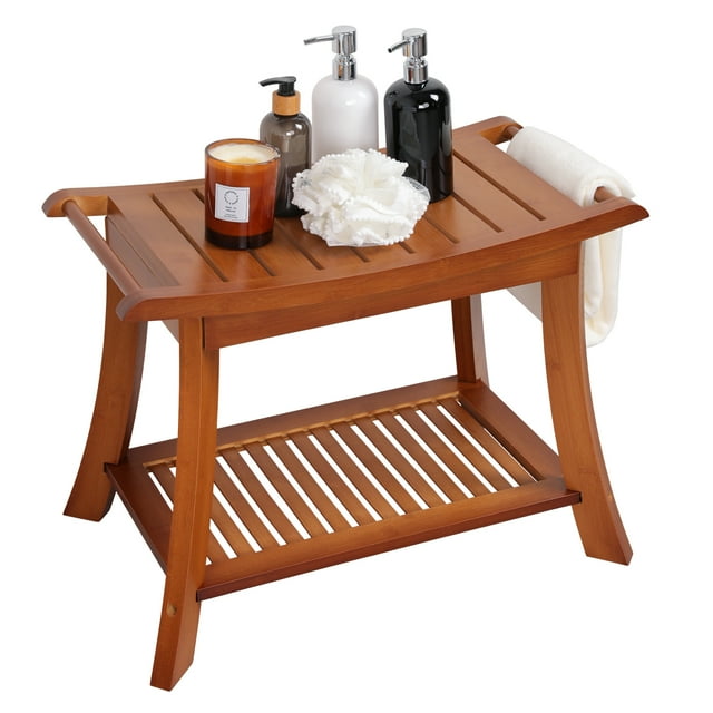 VVW Bamboo Shower Bench & Stool with Storage Shelf, Bath Benches for ...