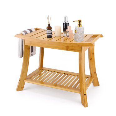 Bamboo Shower Bench with Shelf-Waterproof Wood Shower Stool for Inside ...