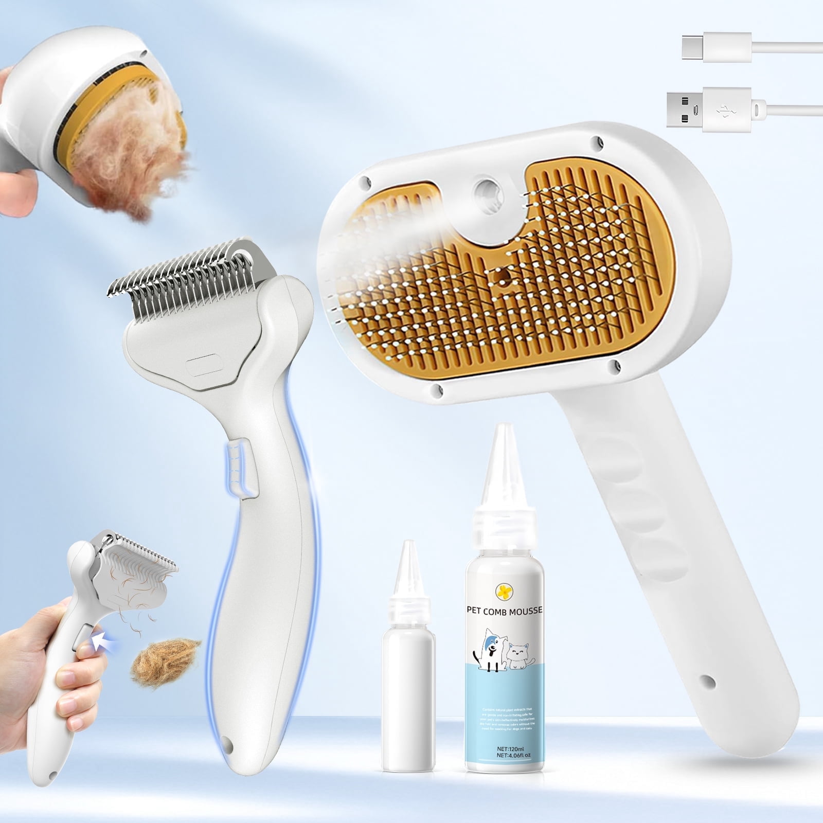 Pet Steam Brush for Dog & Cat - 3-in-1 Steam Grooming Slicker Brush ...