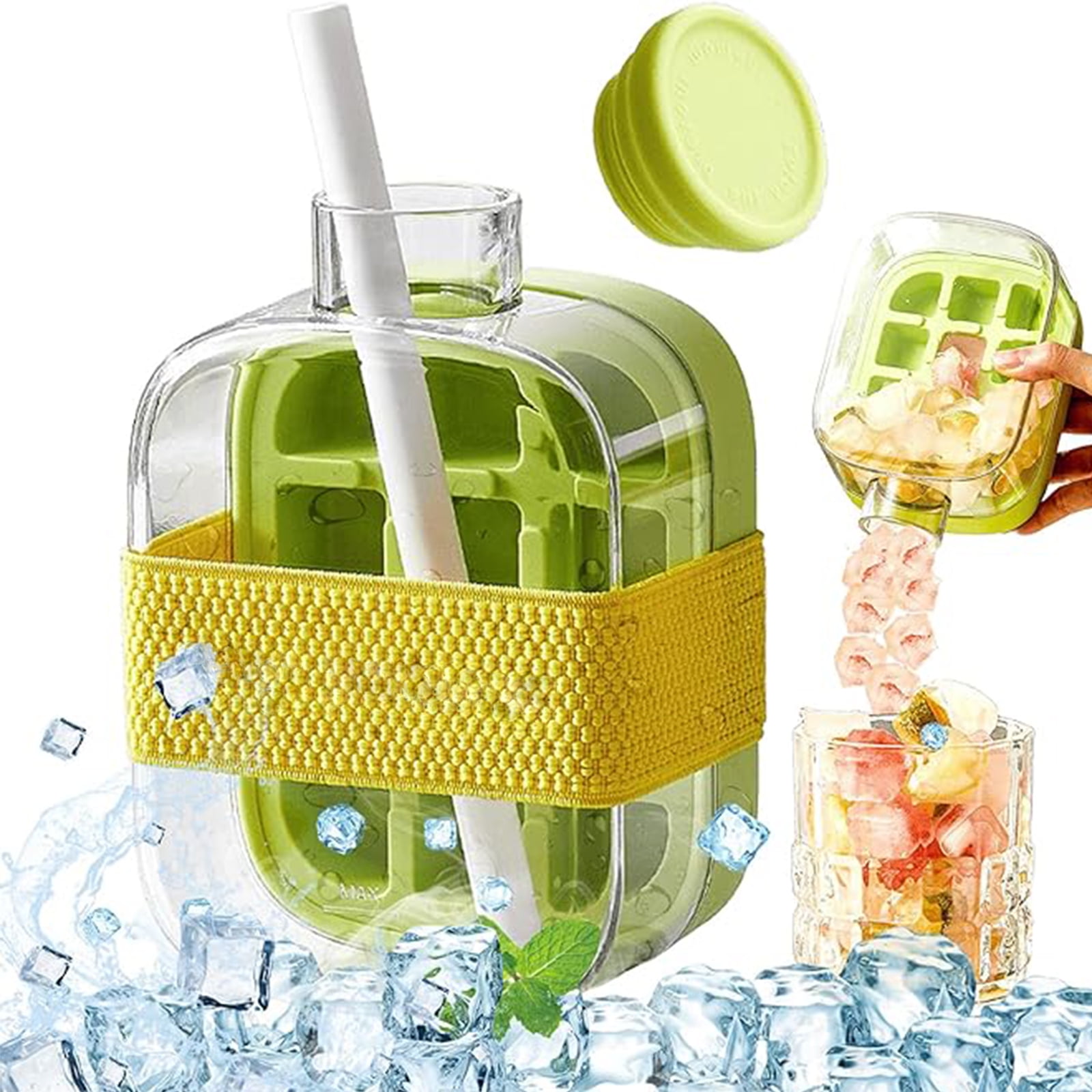 VVavEors 2-in-1 No-Touch Ice Cube Tray Water Bottle with Straw Strap ...