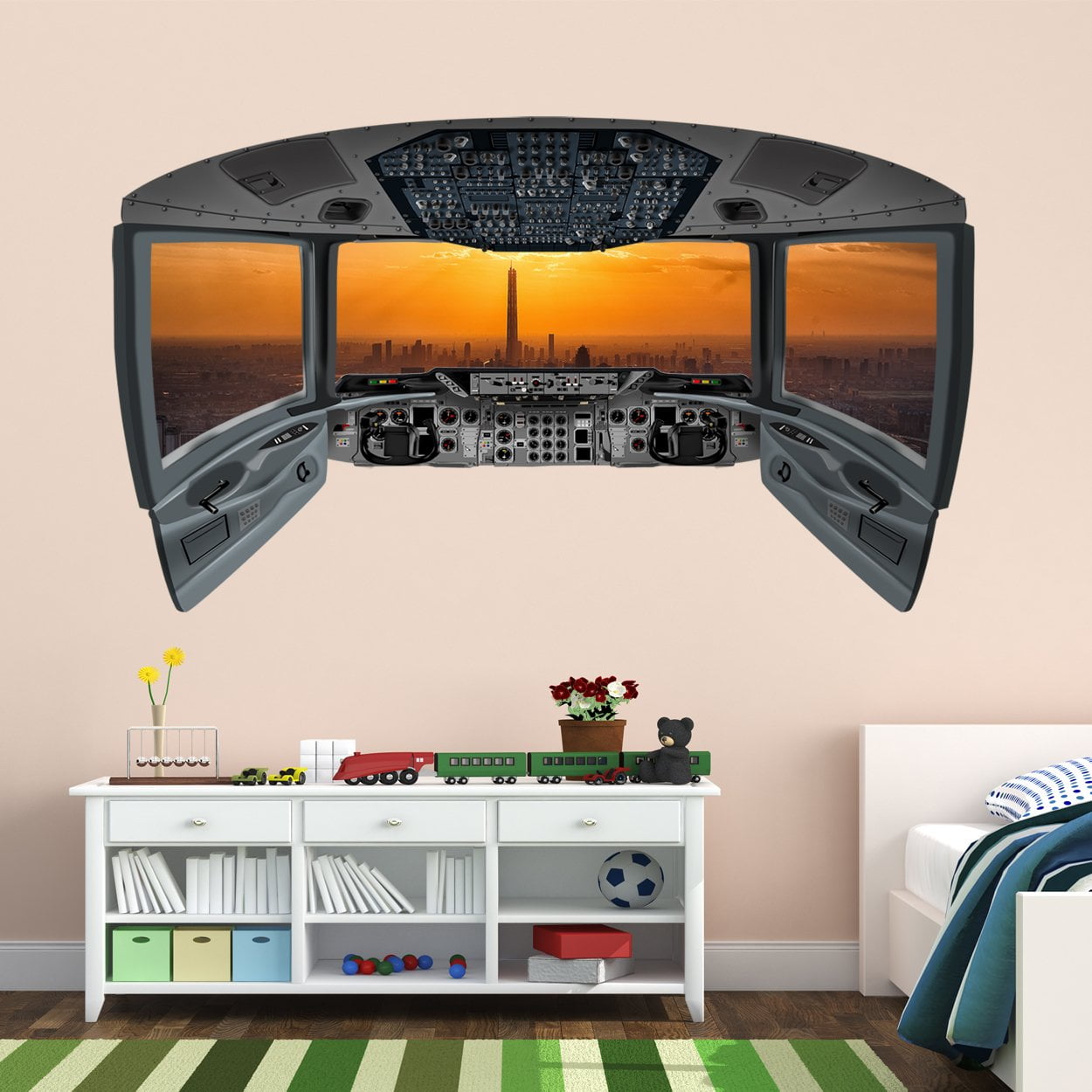 VWAQ Airplane Pilot Cockpit Wall Mural | City Window Wall Decal - CP17 ...