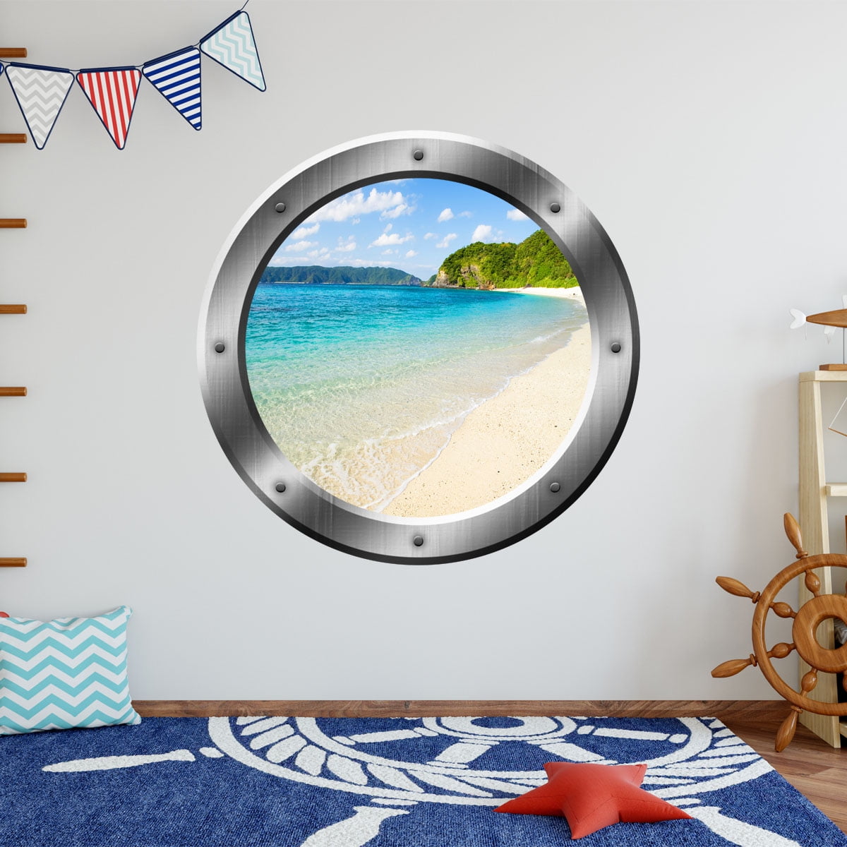 VWAQ Sandy Beach Wall Decal Porthole 3D Wall Sticker Peel And Stick ...