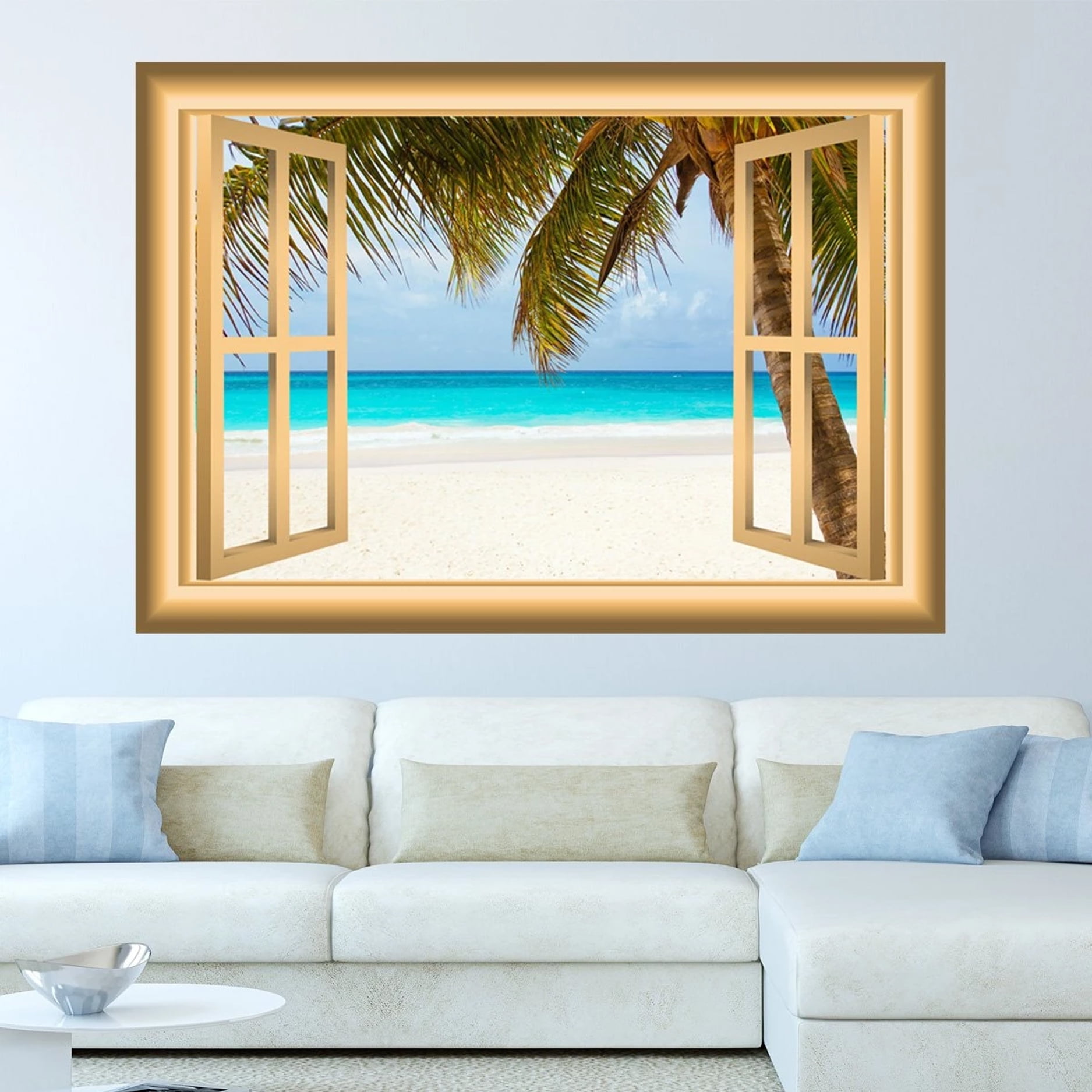 VWAQ Window Frame Wall Decal Beach Scene Ocean Peel and Stick Mural ...