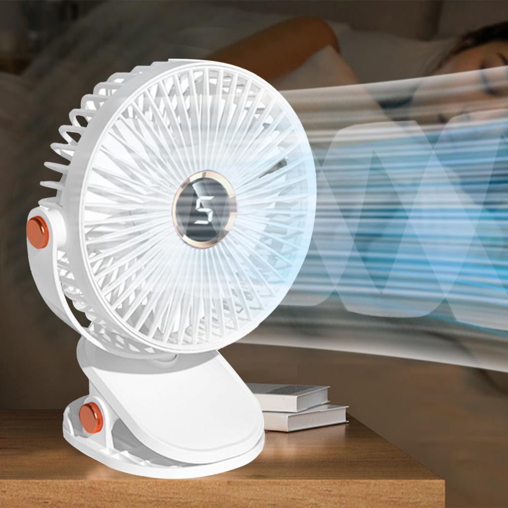 VWRXBZ USB Desk Fan with Digital Display - 5 Speeds Rechargeable Clip ...