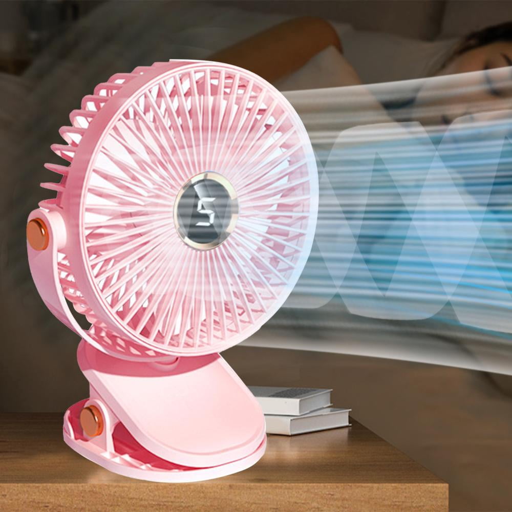 VWRXBZ USB Desk Fan with Digital Display - 5 Speeds Rechargeable Clip ...