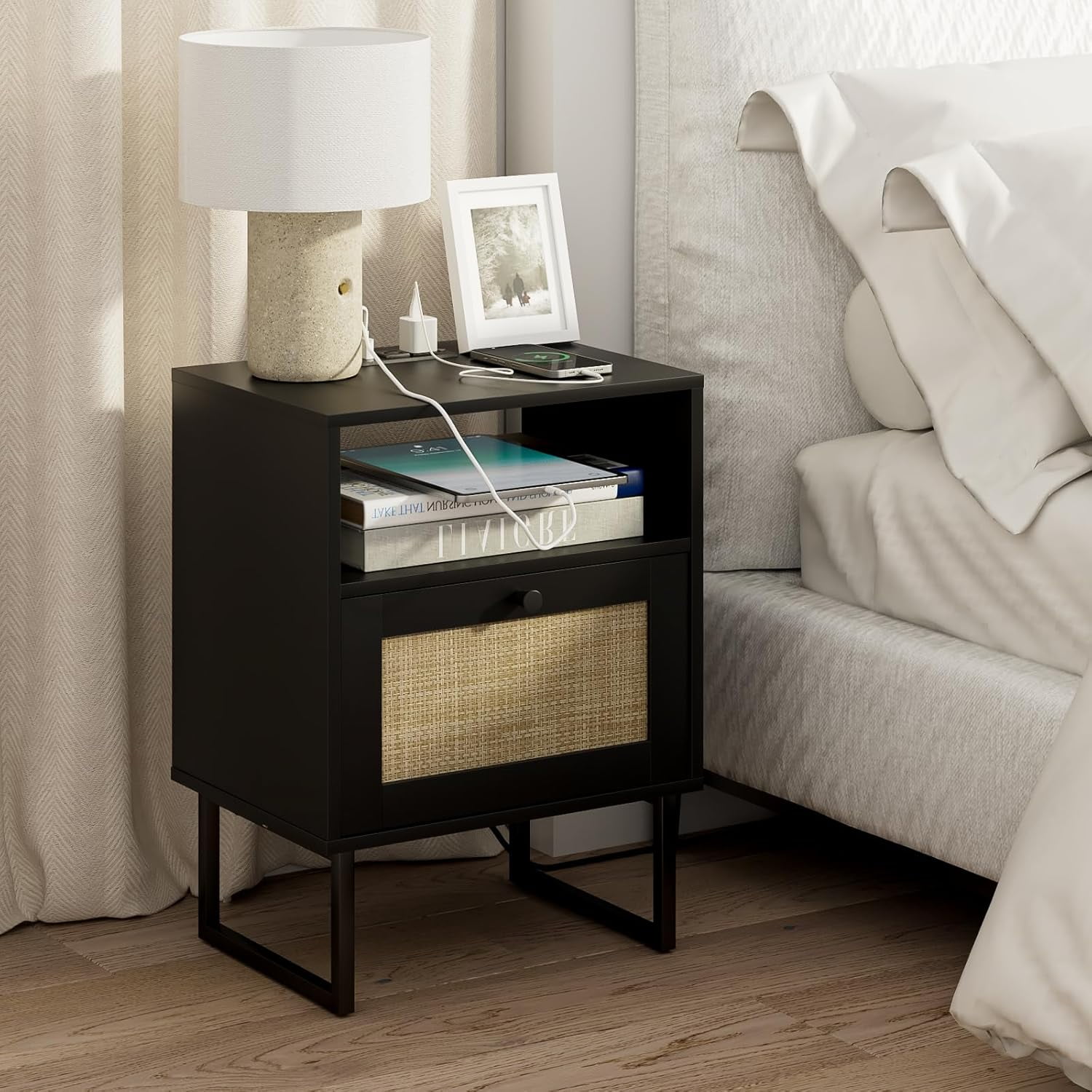VYIBNOIM Boho Night Stand Small Rattan Side Table Wood Nightstand with ...
