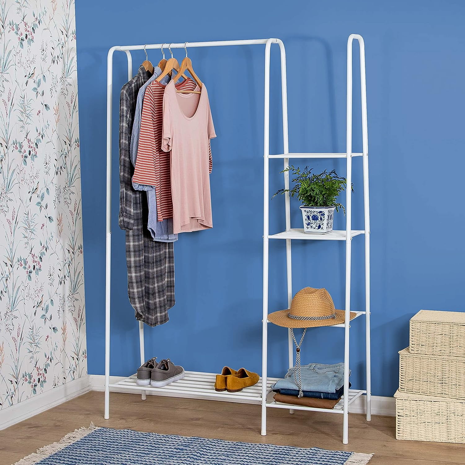 VYIBONTI Freestanding Closet with Clothes Rack and Shelves Matte White ...