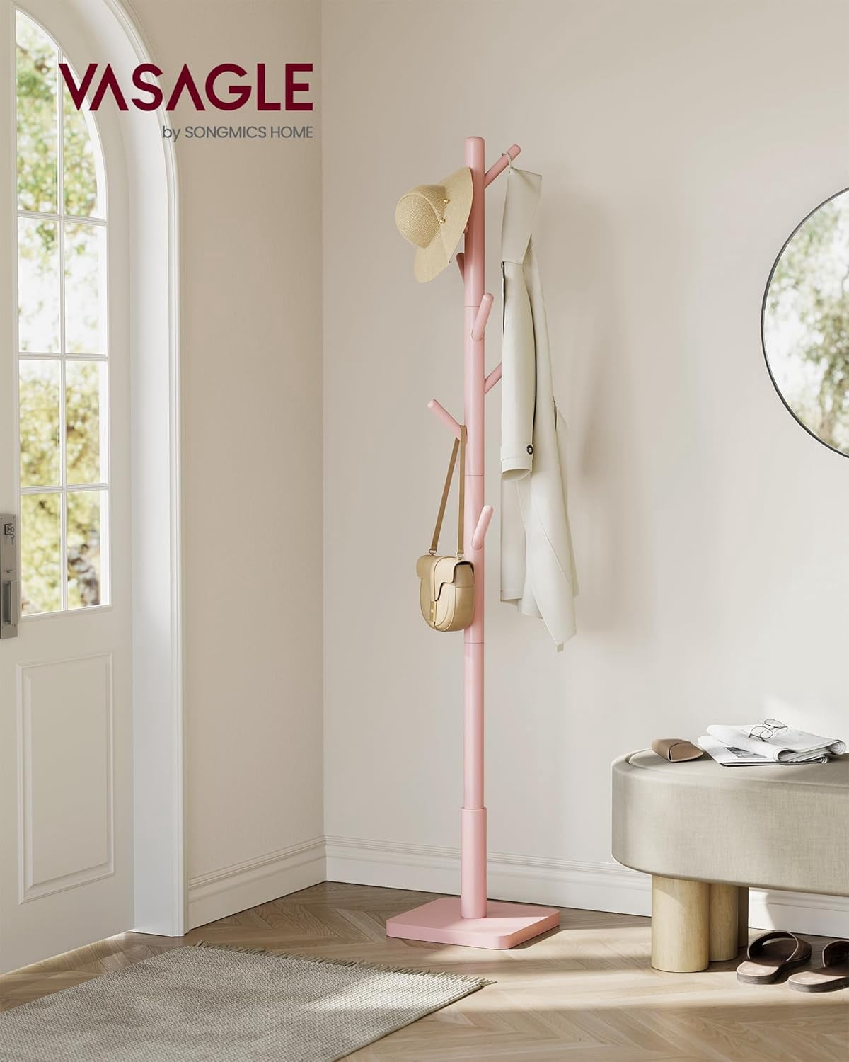 VYIBONTI Solid Wood Coat Rack Free Standing Hall Coat Tree with 7 Hooks ...