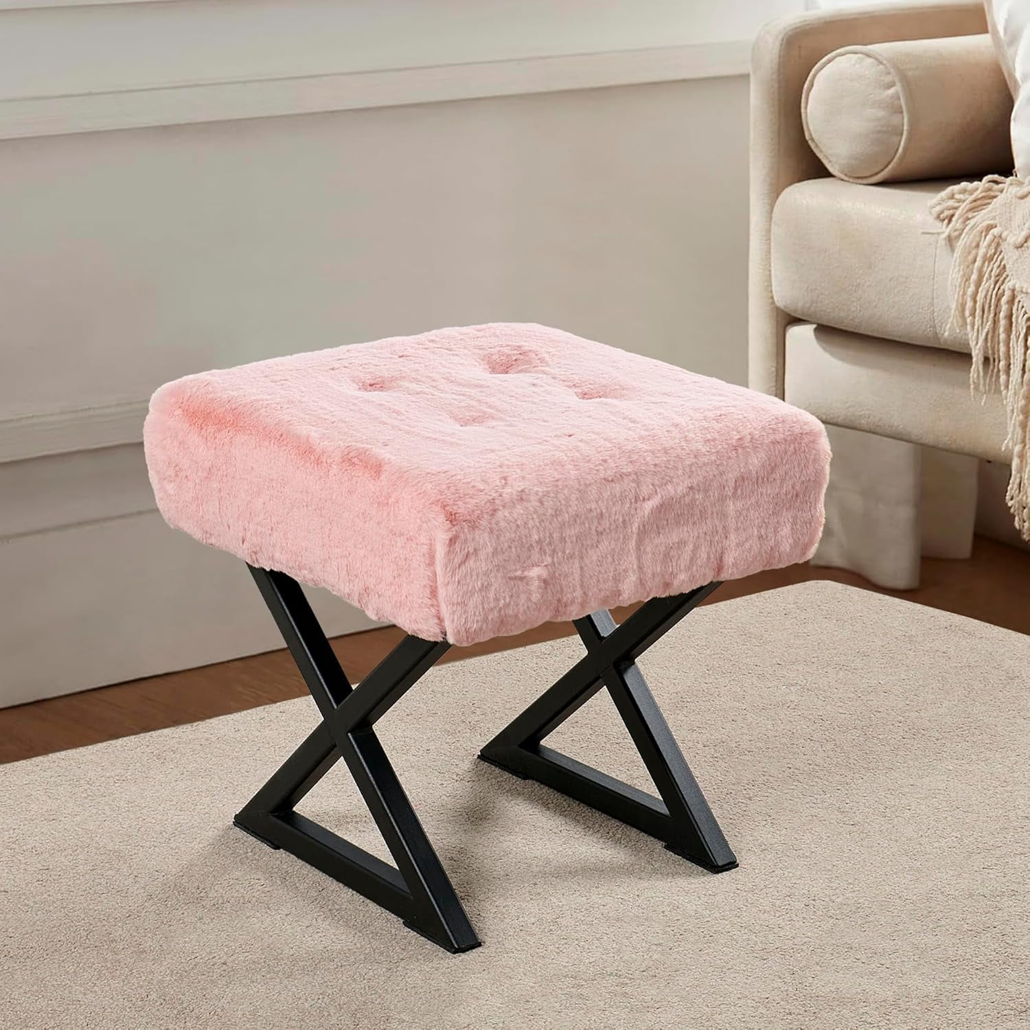 19"x19"x19" Heavy Faux Fur Ottoman Charcoal Multi Functional Footrest ...