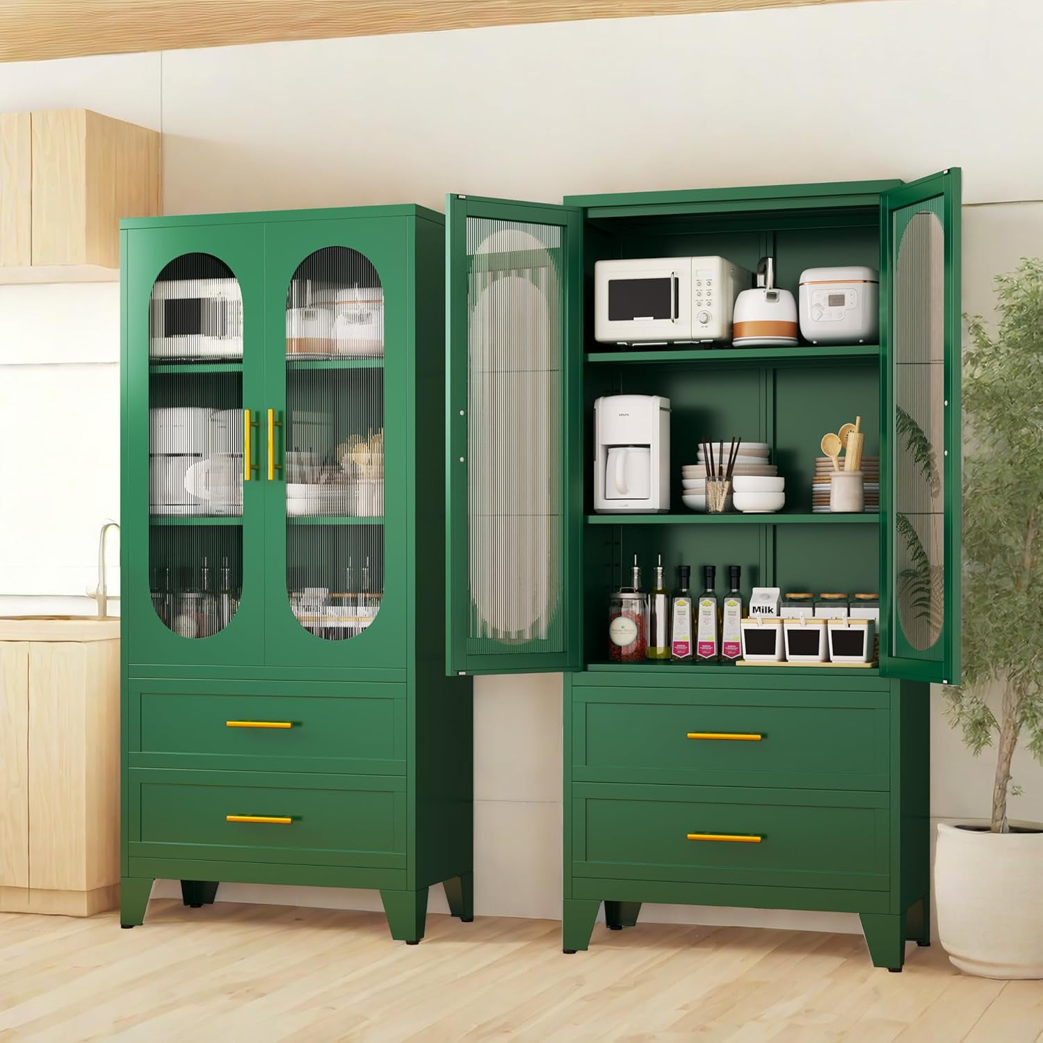 VYIBUON Metal Garage Storage Cabinet Pantry Storage Cabinet with 2 ...