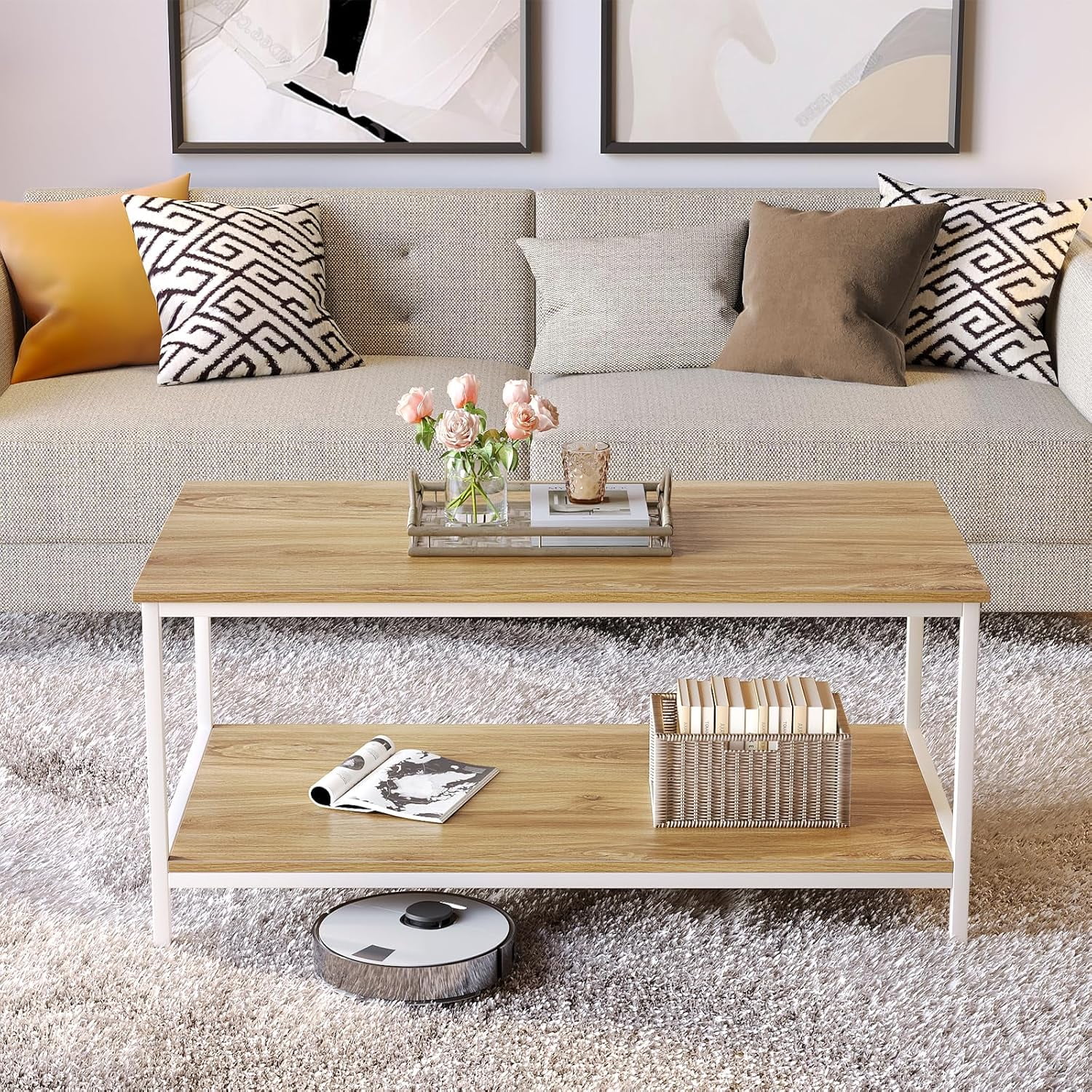 VYIHBO 2-Tier Coffee Table for Living Room Farmhouse Style Center Table ...