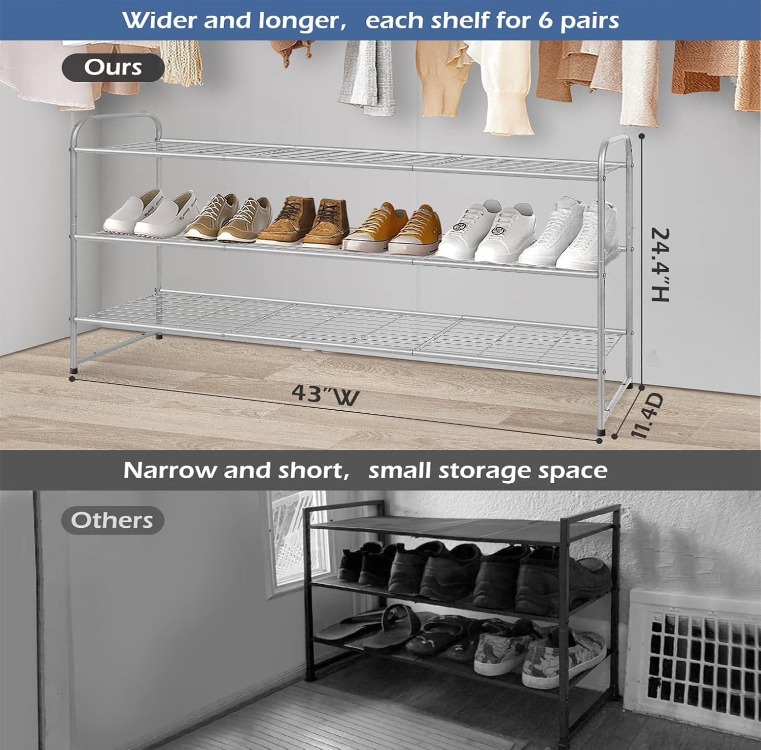 VYIHBO 4-Tier Long Shoe Rack for Closet Wide Shoe Organizer for Closet ...